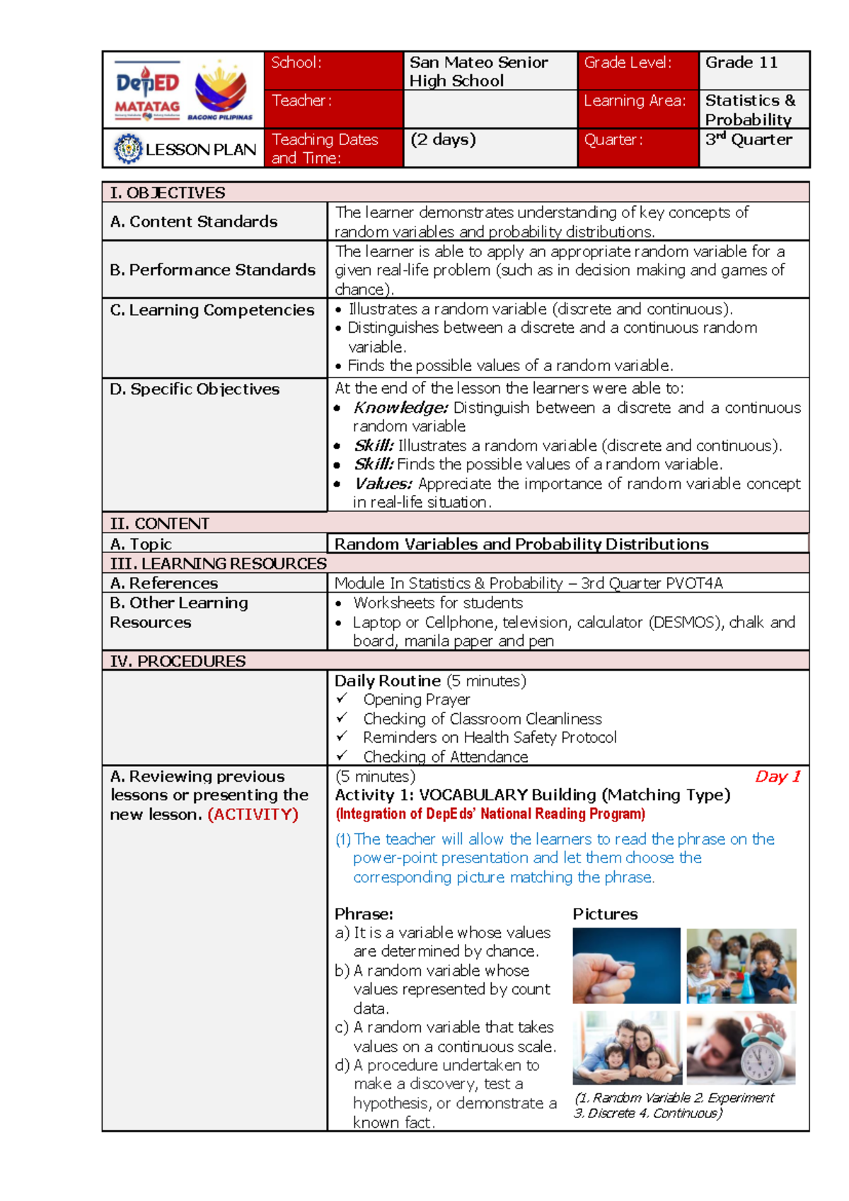 SLP-WEEK Day 1 and 2 - School: San Mateo Senior High School Grade Level ...