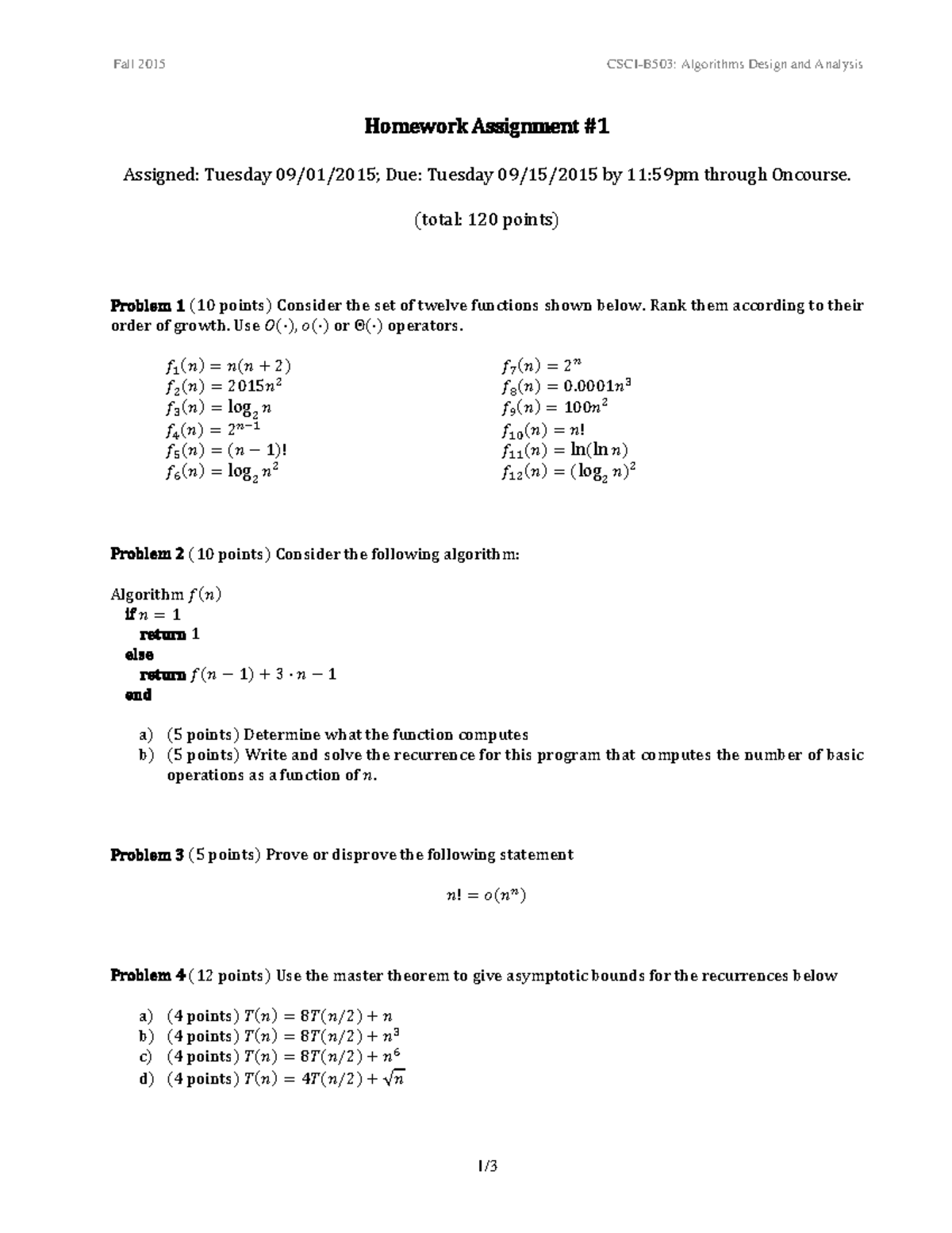 Seminar Assignments 1 Questions Fall 2015 Algorithms Design And Analysis Homework