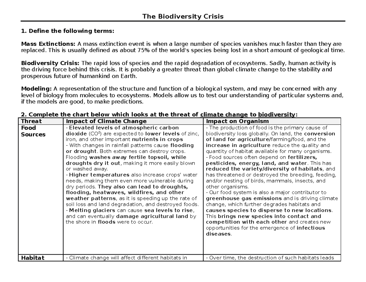 Copy of Biodiversity Crisis Worksheet Student - The Biodiversity Crisis ...