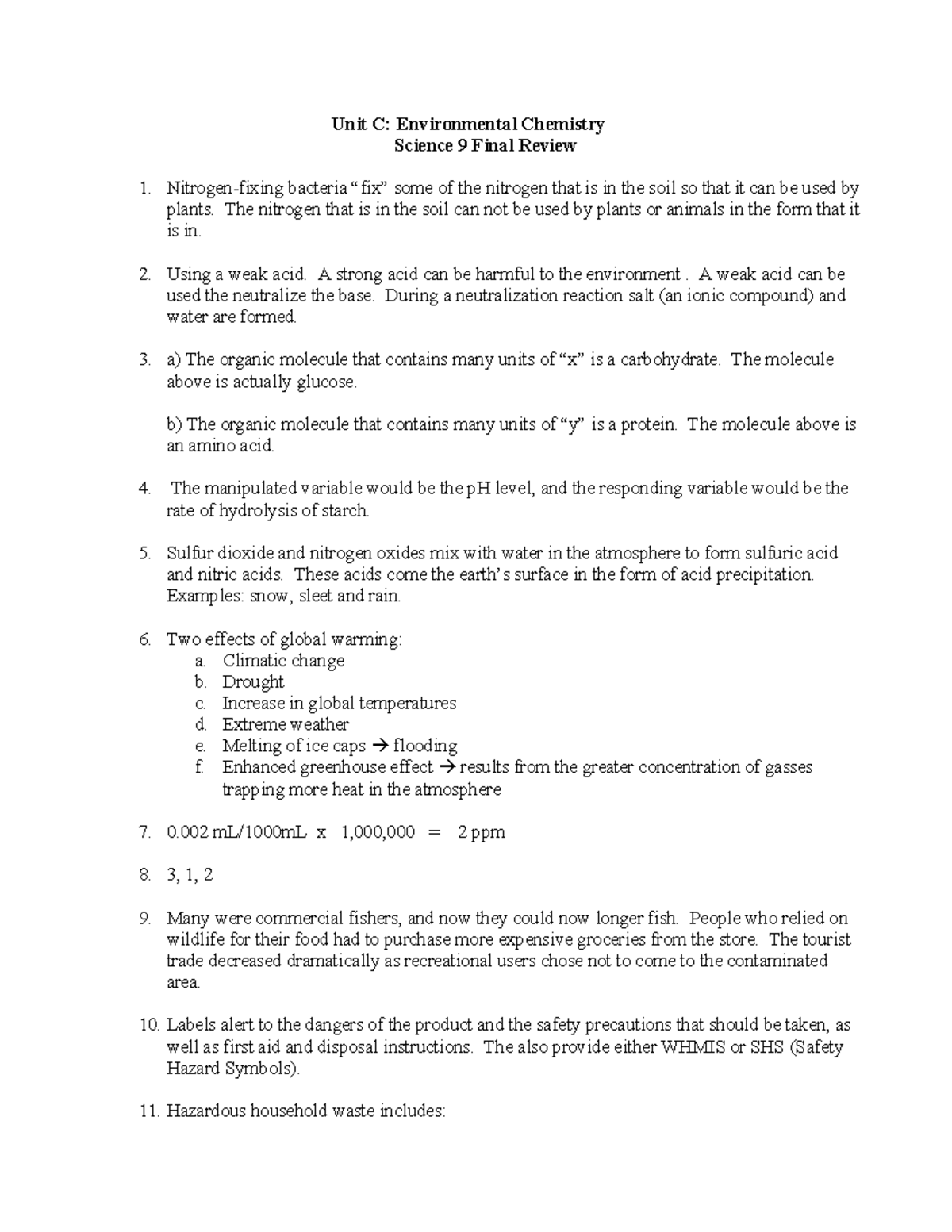 Unit C Review ANS KEY - Unit C: Environmental Chemistry Science 9 Final ...