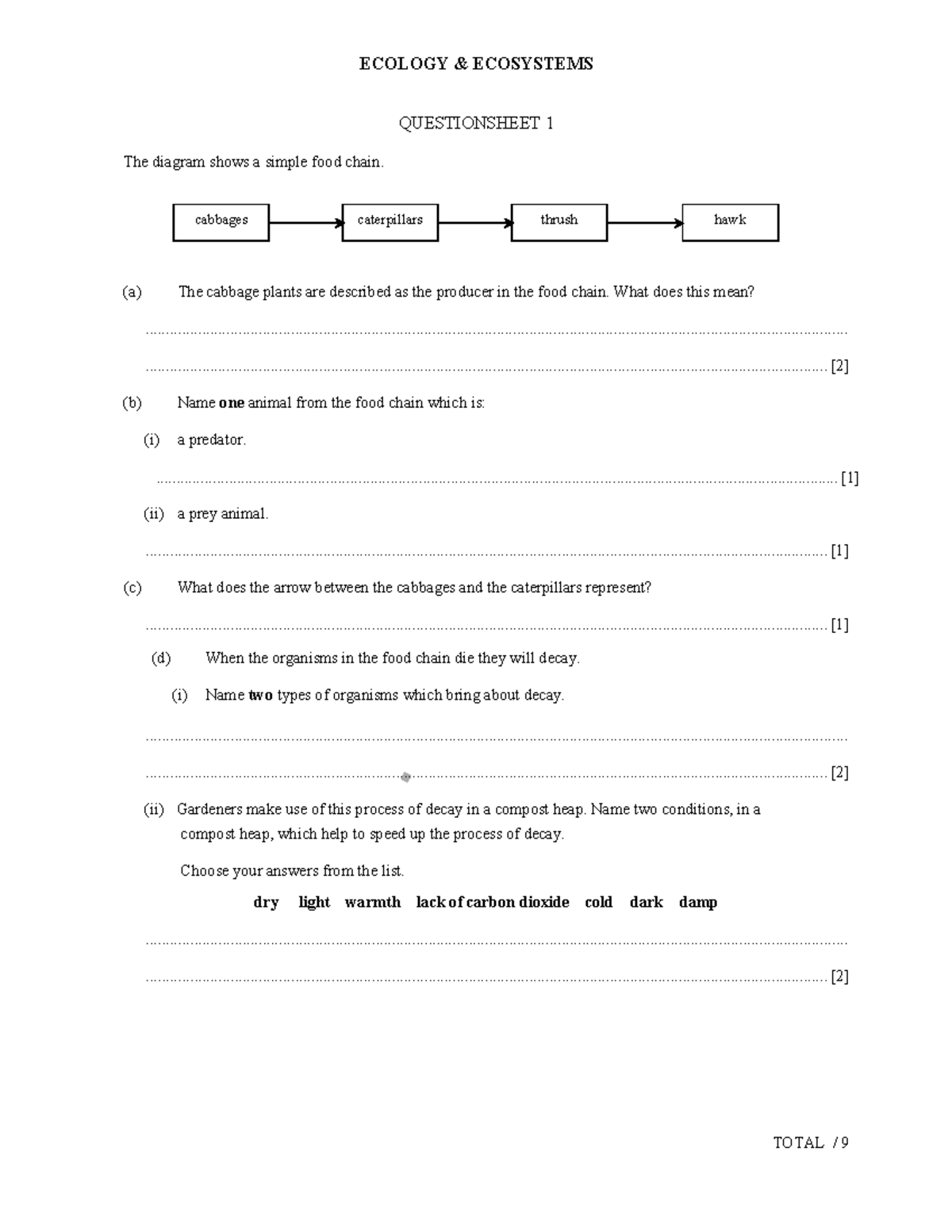 Ecology & Ecosystems Sum Ques1 Answers - QUESTIONSHEET 1 The diagram ...