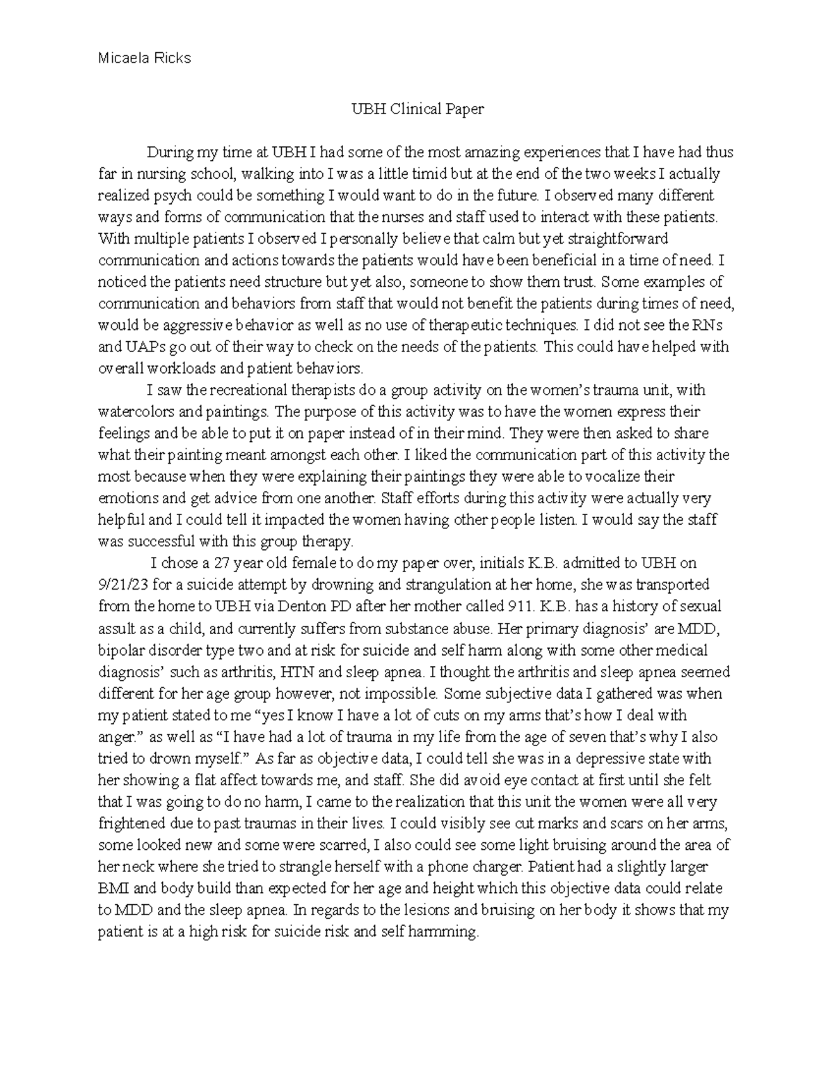 Essay behavioral health - Micaela Ricks UBH Clinical Paper During my ...