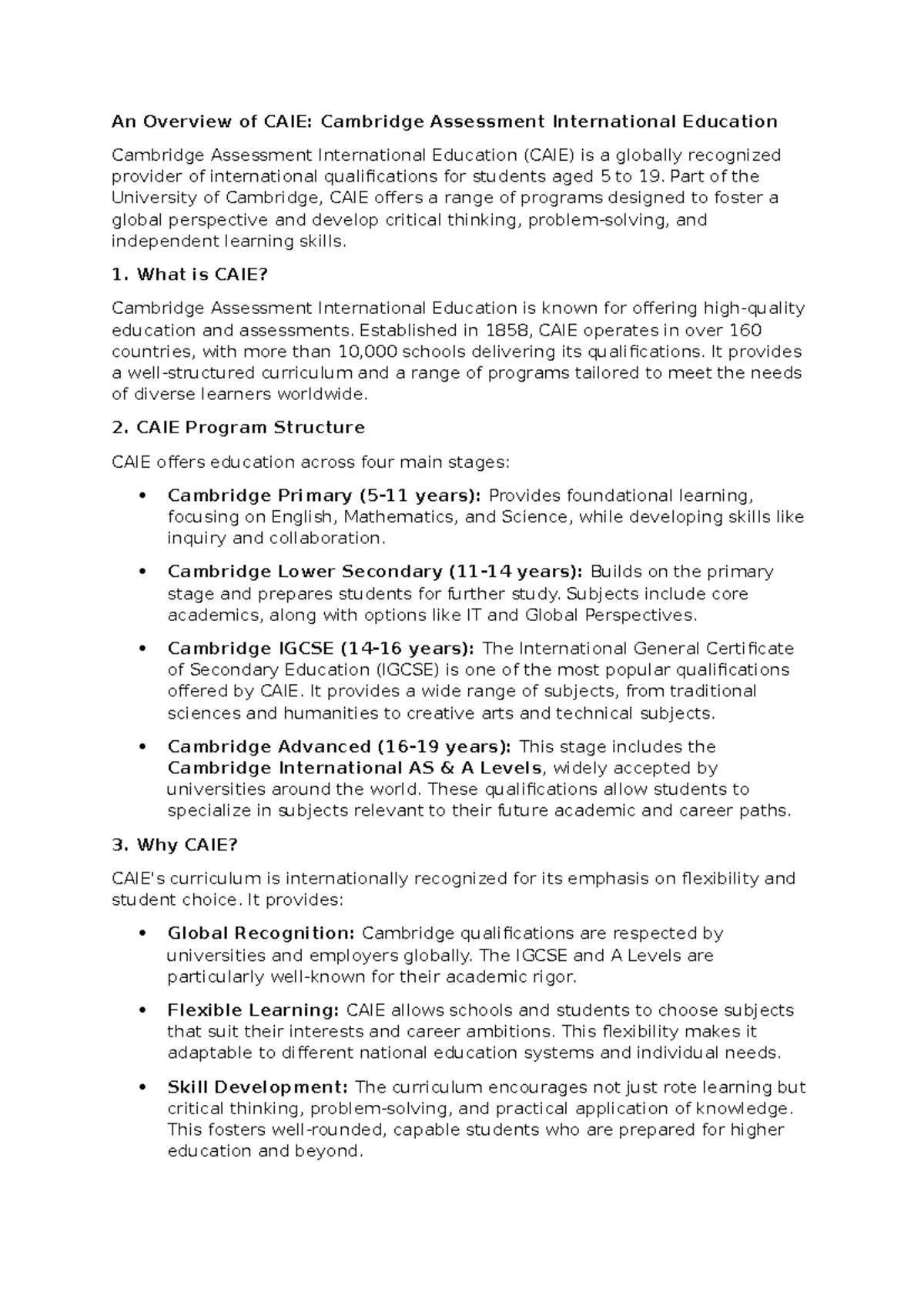 An Overview of CAIE - Part of the University of Cambridge, CAIE offers ...