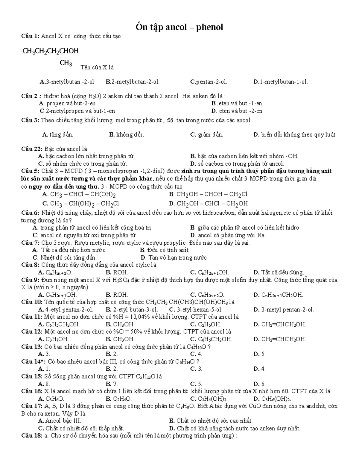 Ôn tập ancol - áddddddddddd - Ôn tâ ̣p ancol – phenol Câu 1: Ancol X có ...