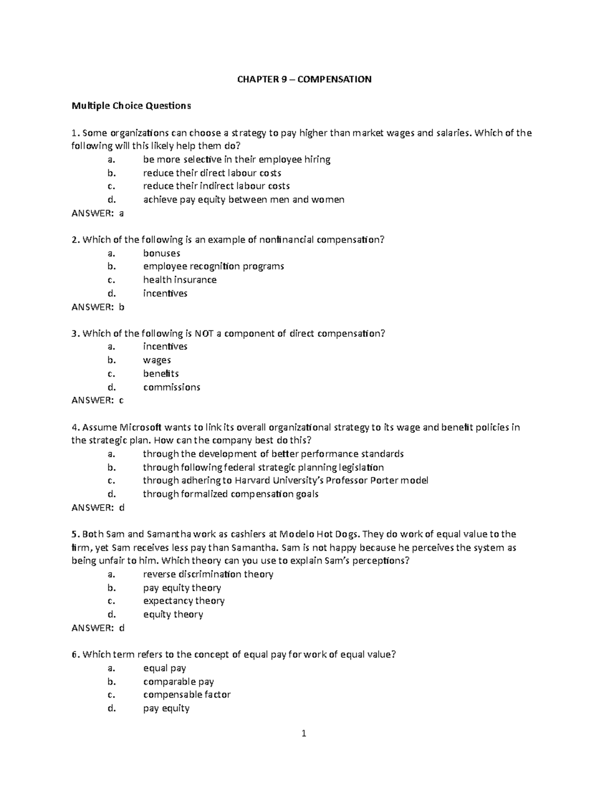 Chapter 9 - Compensation practice questions - CHAPTER 9 – COMPENSATION ...