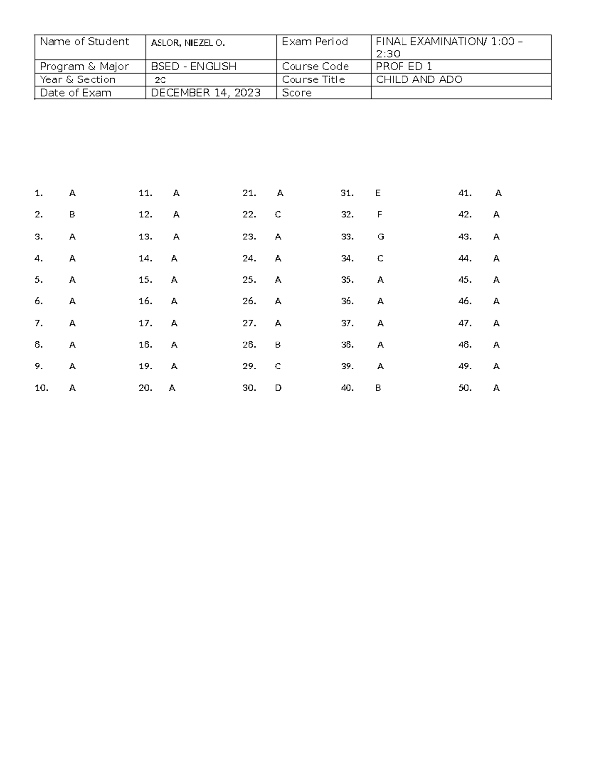 Answer sheet child and ado - Name of Student ASLOR, NIEZEL O. Exam ...