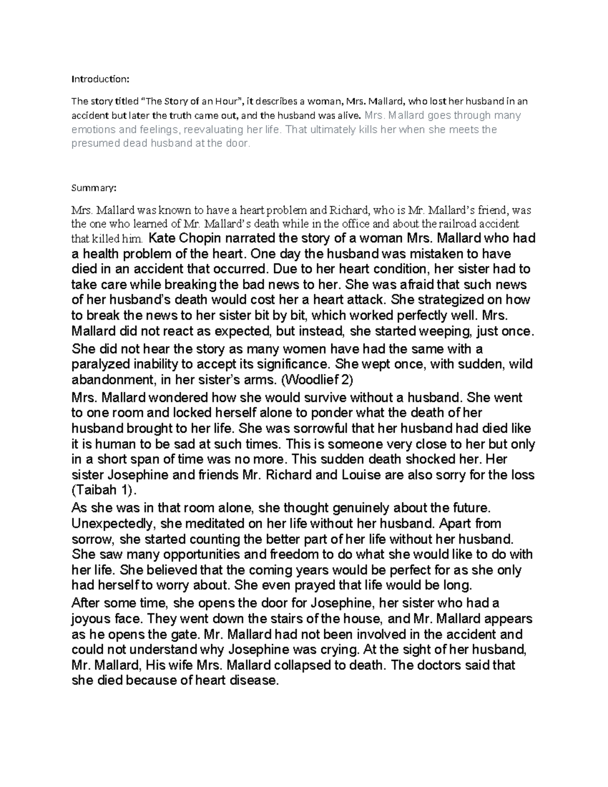 Story of an Hour - N/a - Introduction: The story titled “The Story of ...