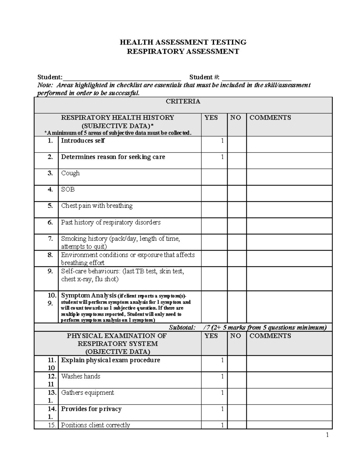 2015- Respiratory Checklist - HEALTH ASSESSMENT TESTING RESPIRATORY ...