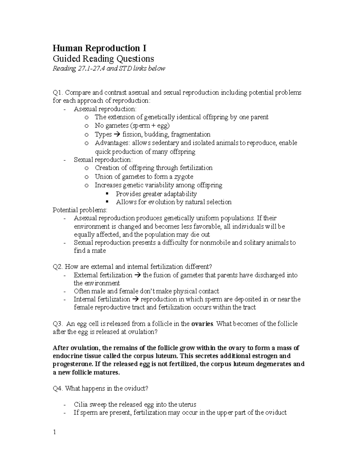 Lesson 16 GRQs - Human Reproduction I Guided Reading Questions Reading ...