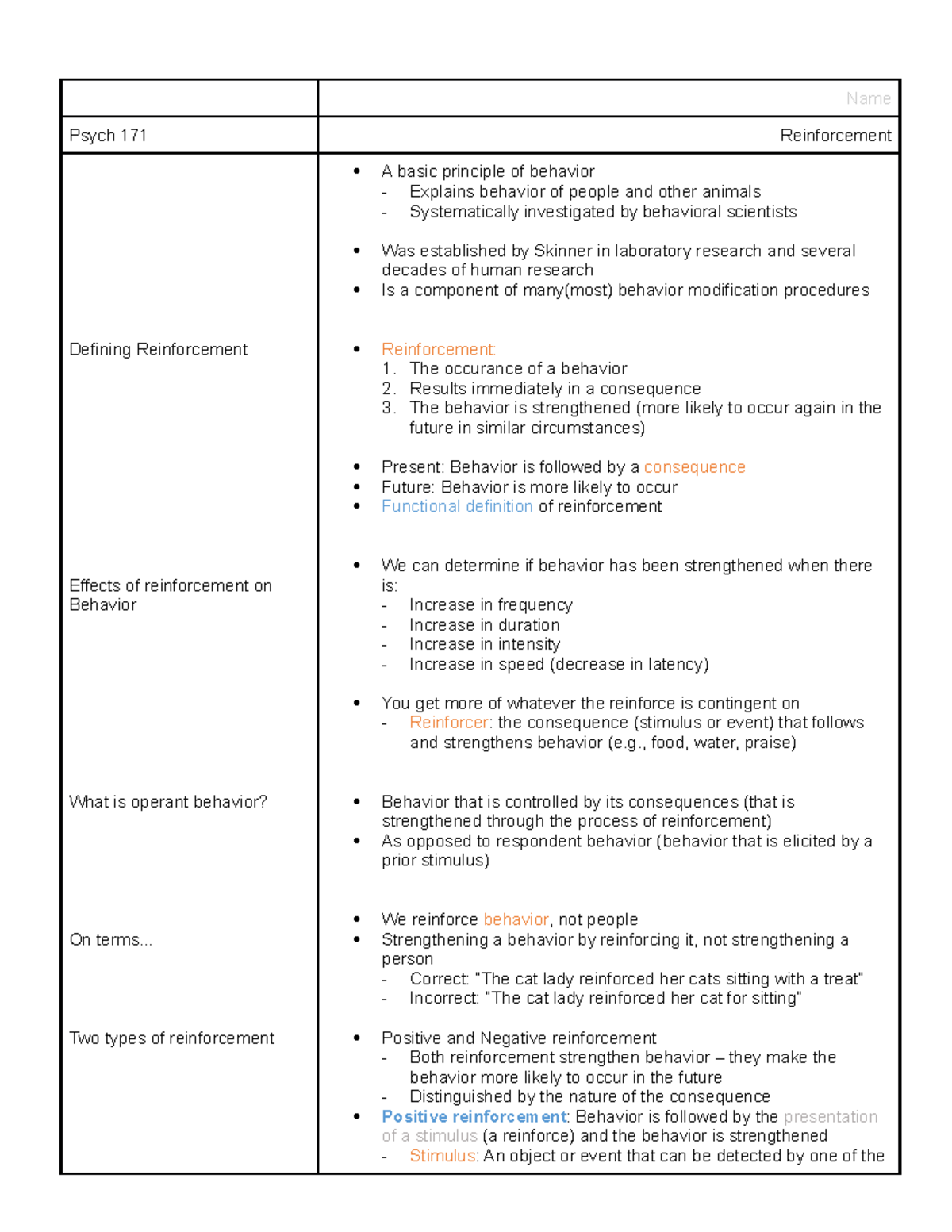 Chapter 4- Reinforcement - Name Psych 171 Reinforcement A basic ...