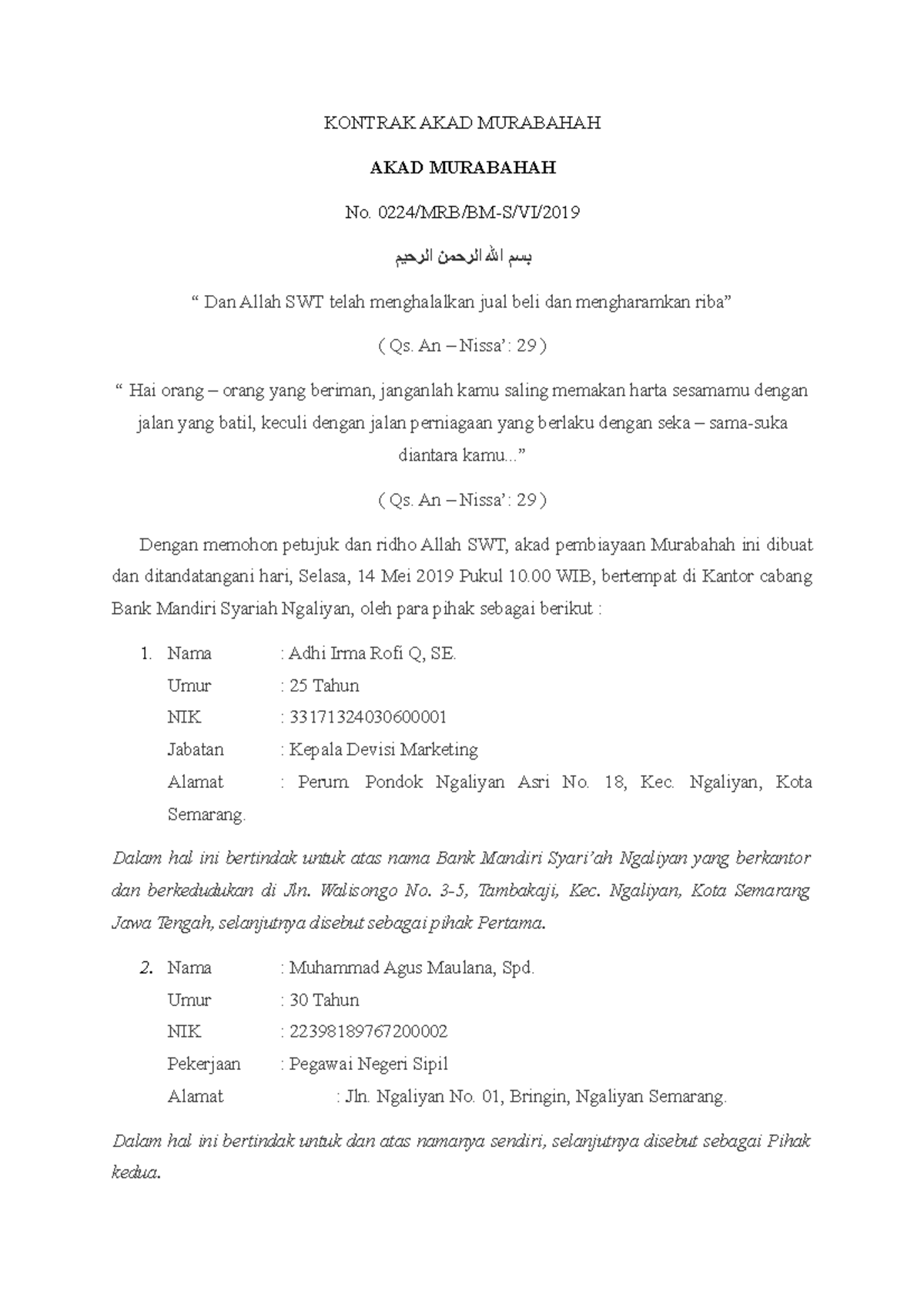 Kontrak Drafting Bank Syariah- UTS - KONTRAK AKAD MURABAHAH AKAD ...