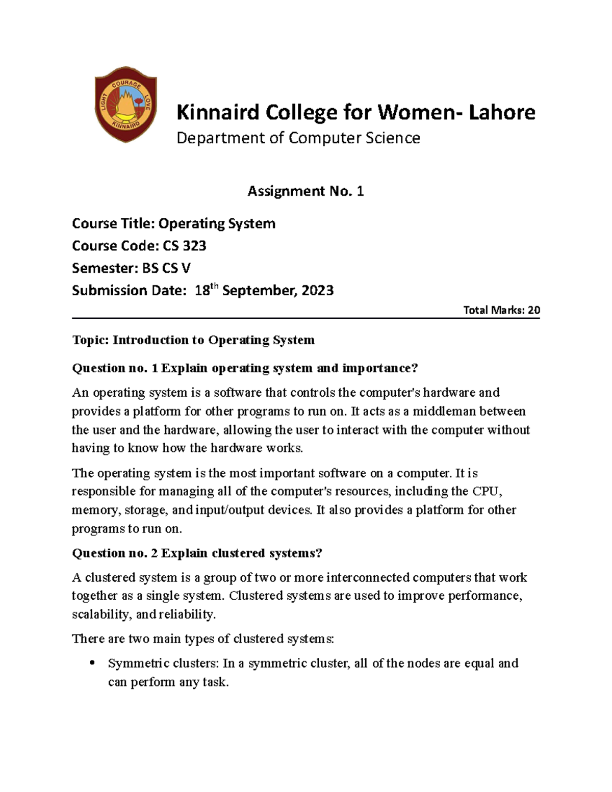 OS Asg 1 Answers - Kinnaird College for Women- Lahore Department of Computer Science Assignment ...