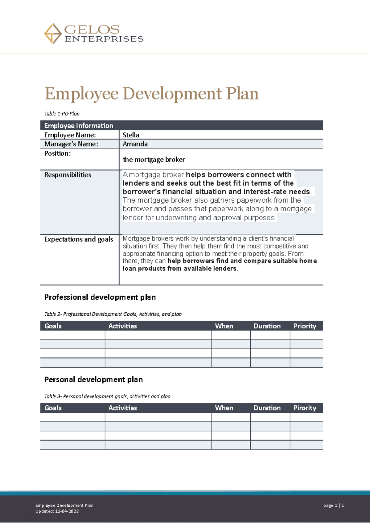 Bsbpef 501 AE Pro2of2 Appx 4EDPlan Template - Employee Development Plan ...