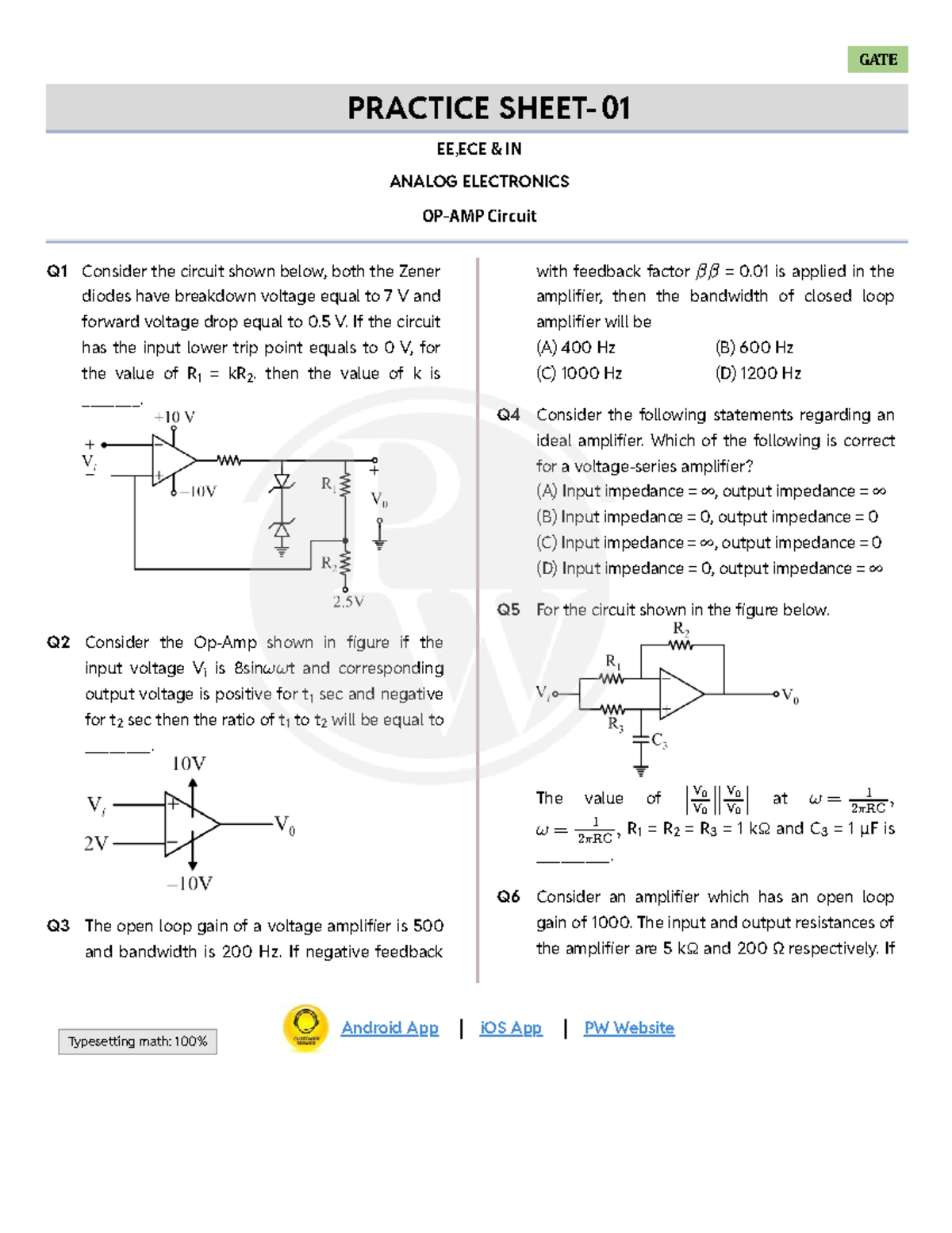 OP-AMP Circuit Practice Sheet 01 - PRACTICE SHEET- 01 Q1 Consider the ...