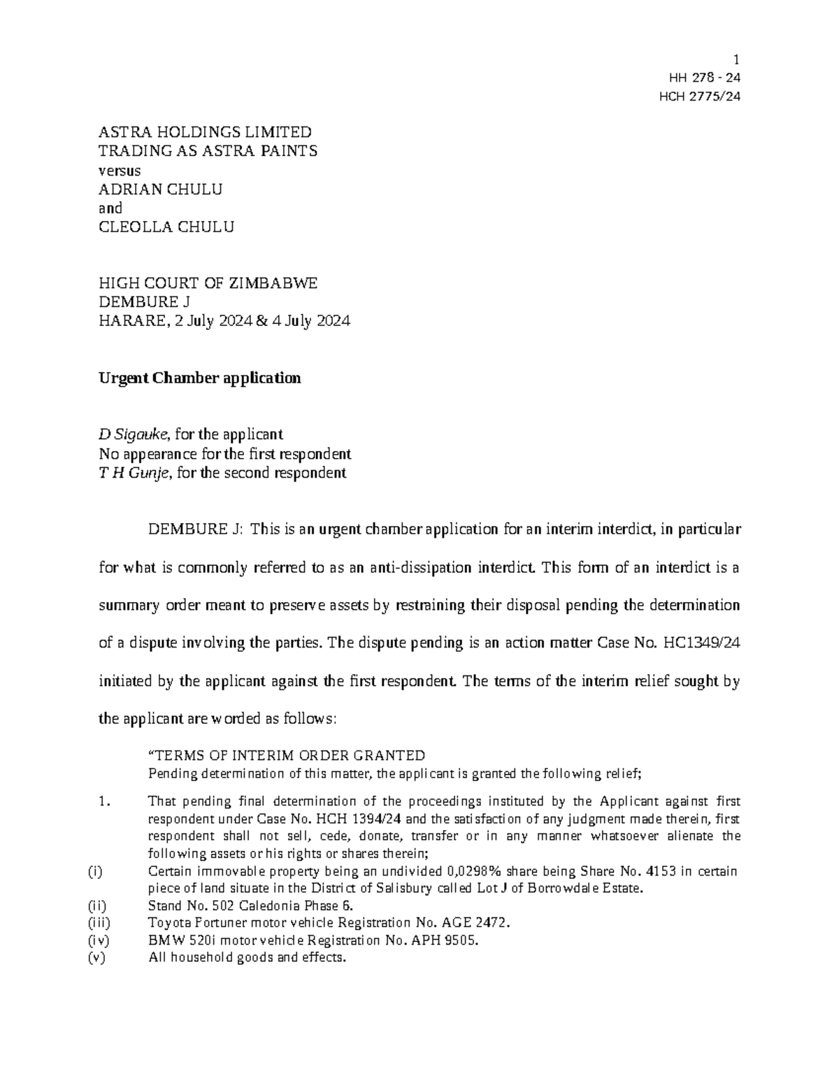Astra Holdings Limited Trading as Astra Paints v Chuku and Another (278 ...