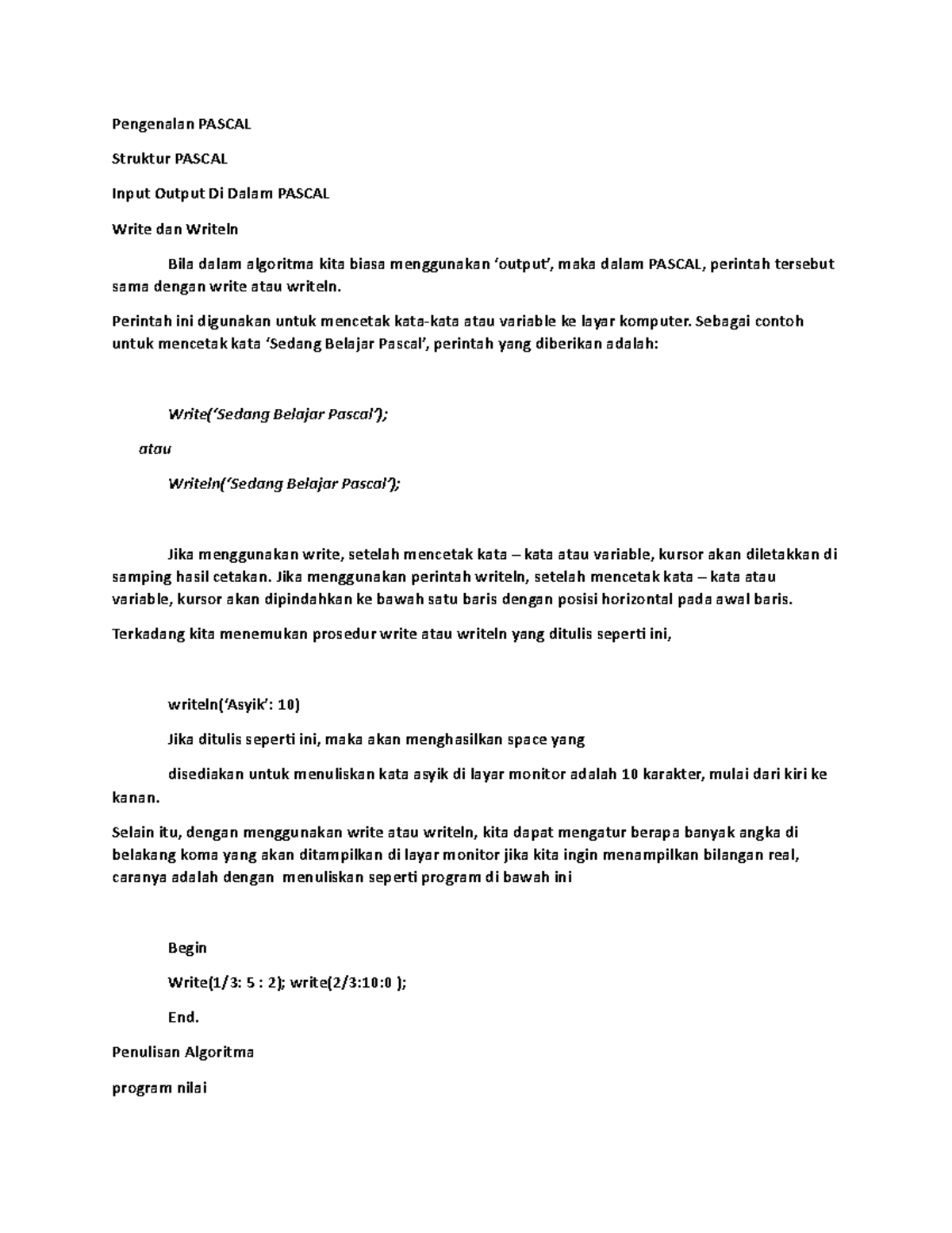 Materi DAP 15 - Pengenalan PASCAL Struktur PASCAL Input Output Di Dalam PASCAL Write dan Writeln ...