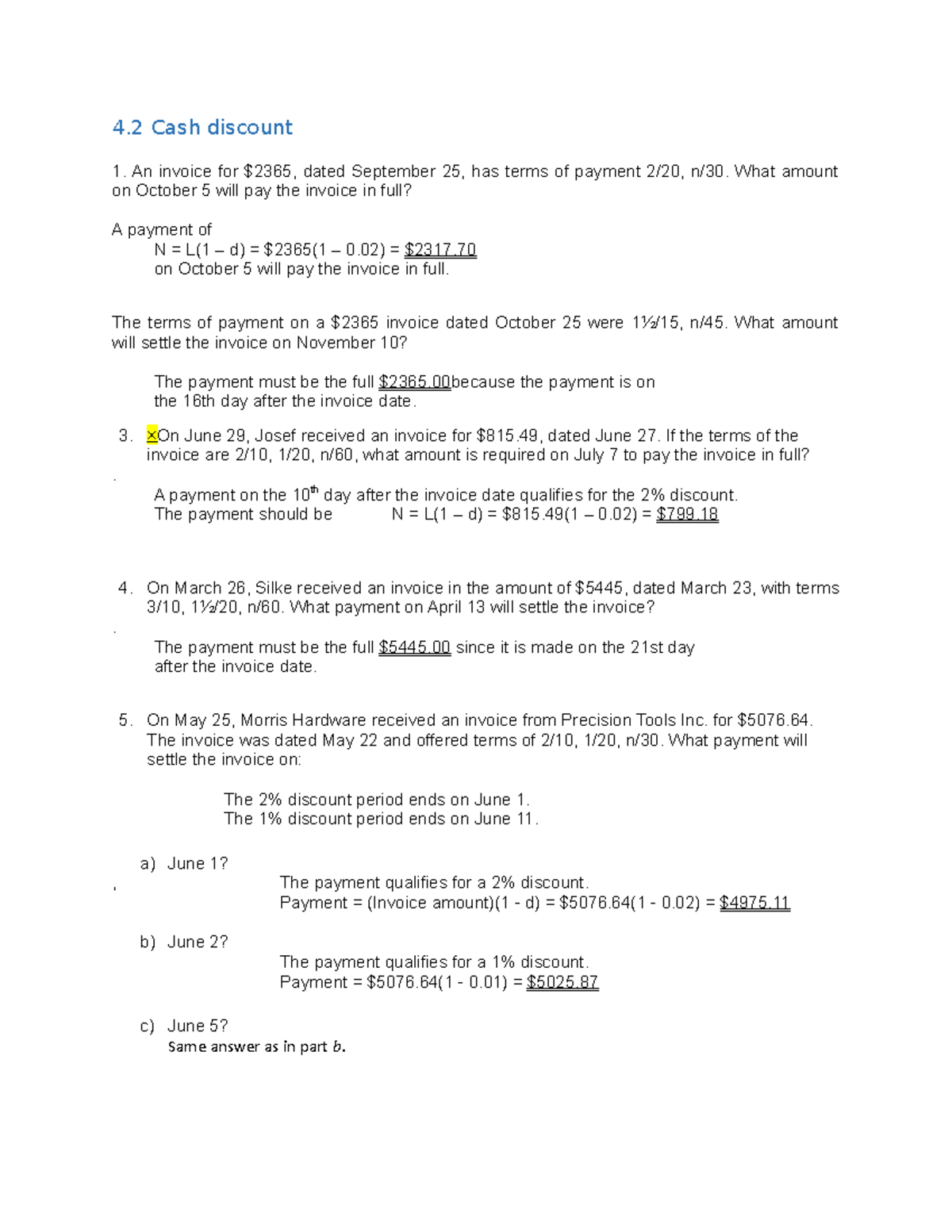 4.2 Cash discount - practice - 4 Cash discount An invoice for $2365 ...