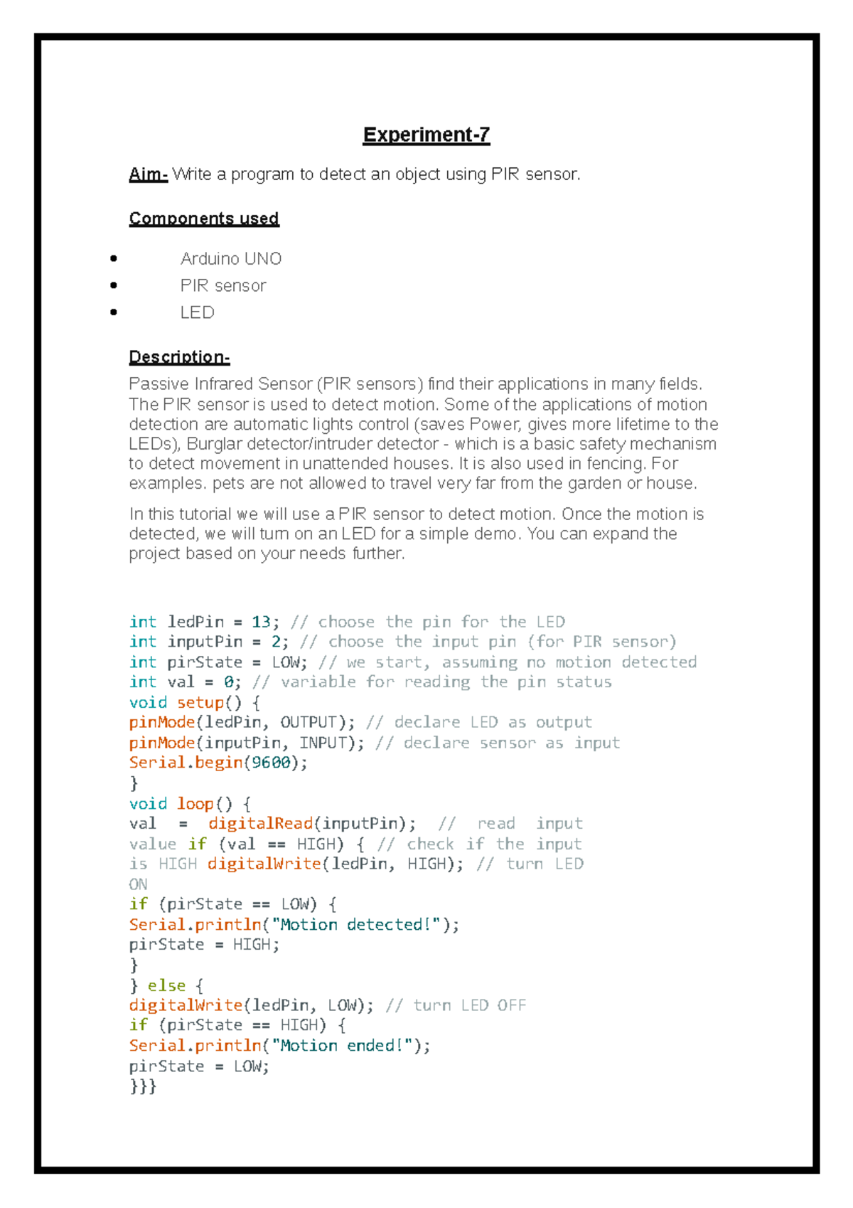 Abhay pir final - this is a practical file on PIR sensor - Experiment- Aim- Write a program to ...