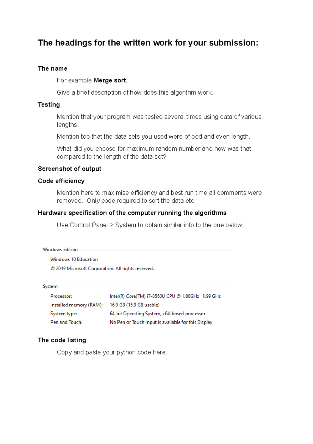 A blank template for submission - The headings for the written work for ...