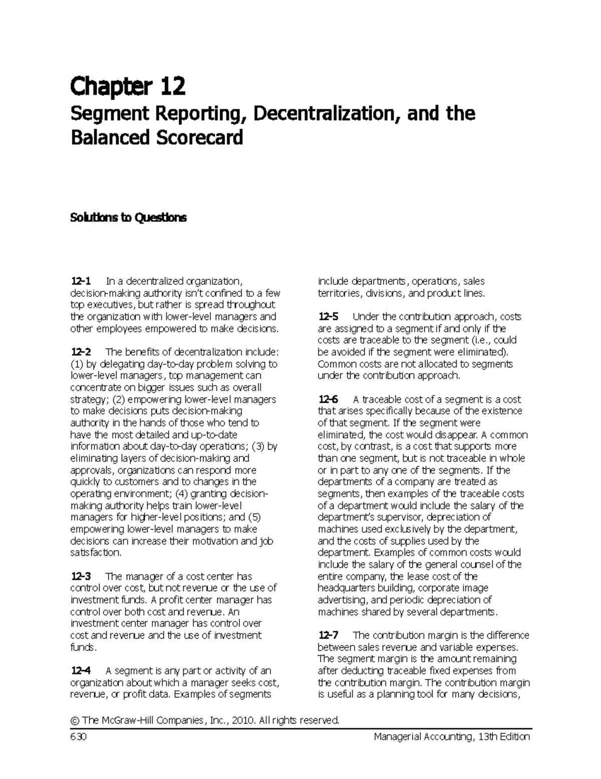 Chap012 - answer key - Chapter 12 Segment Reporting, Decentralization ...