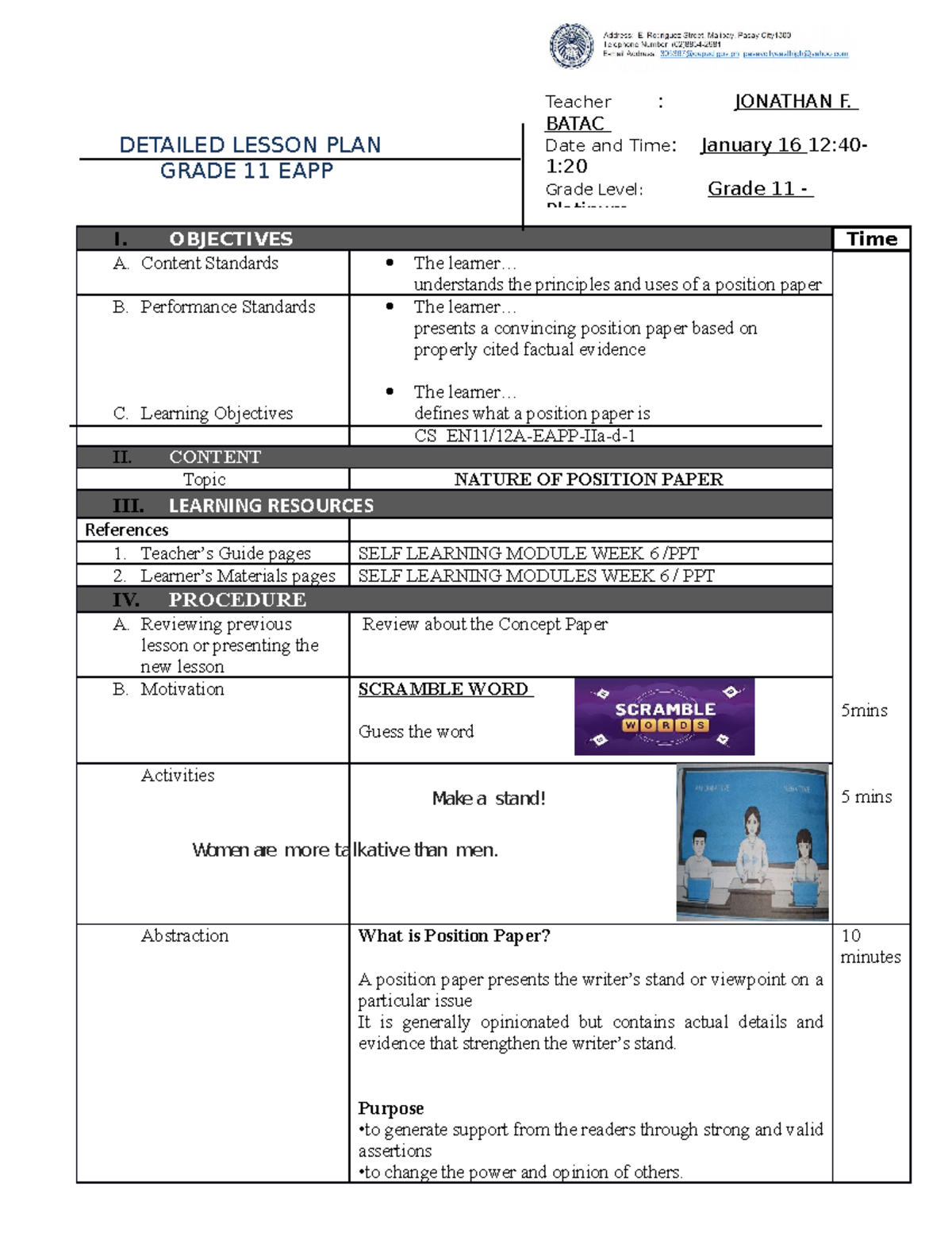 Batac Dlleapp - Detailed lesson plan - DETAILED LESSON PLAN GRADE 11 ...