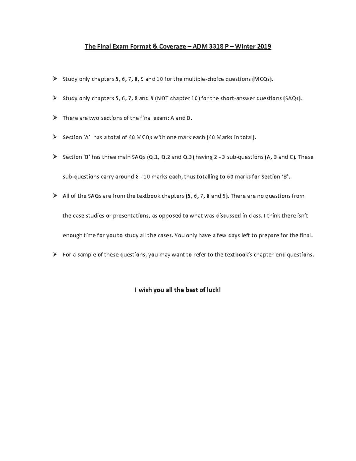 Final Exam Format and Coverage - ADM 3318 P - Winter 2019 - Warning: TT: undefined function: 32 ...