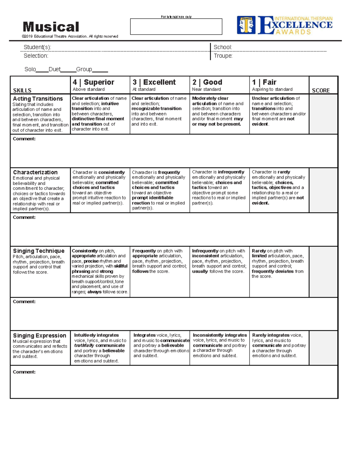 Musical Theatre Rubric - Musical ©2019 Educational Theatre Association ...