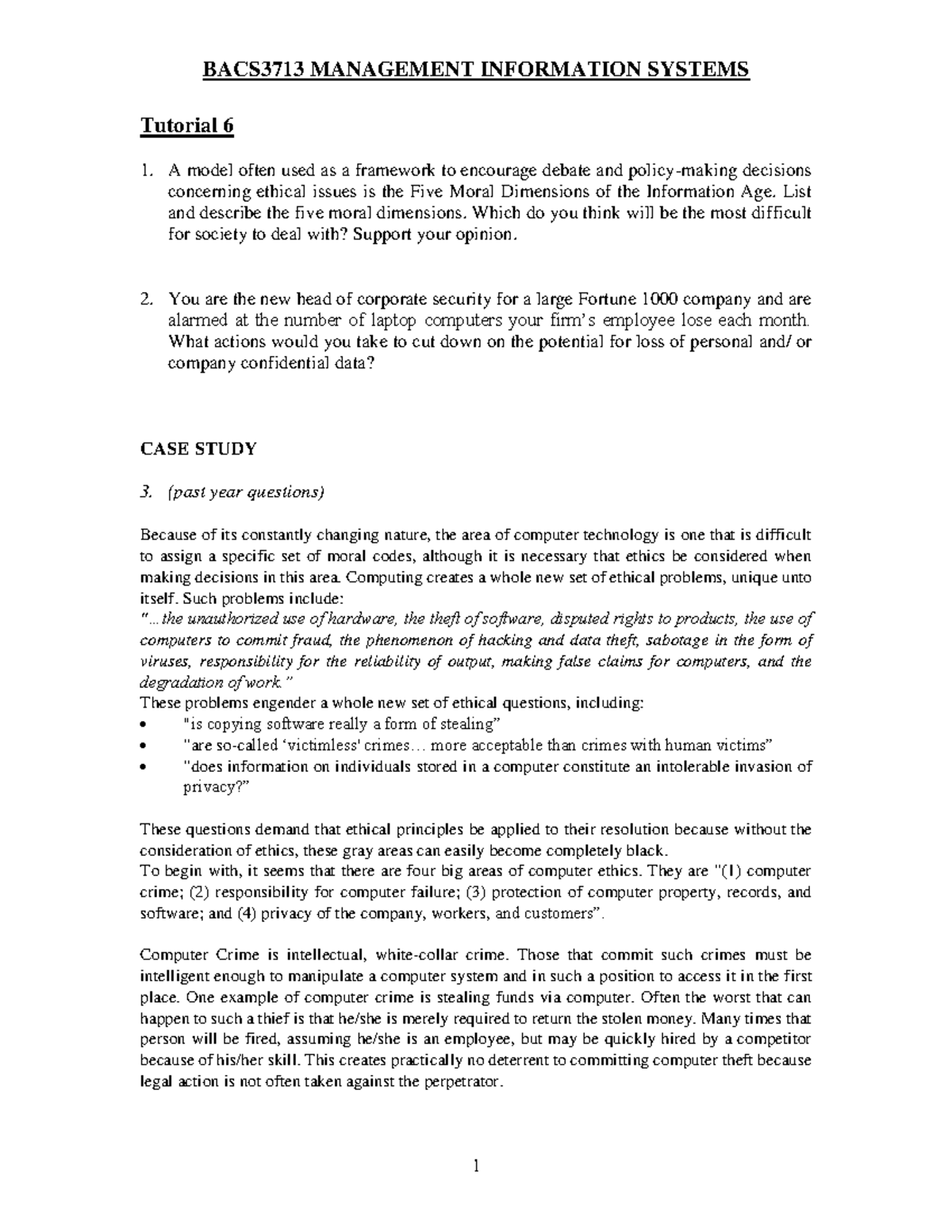 BACS3713 MIS Tutorial 6 new - BACS3713 MANAGEMENT INFORMATION SYSTEMS 1 ...