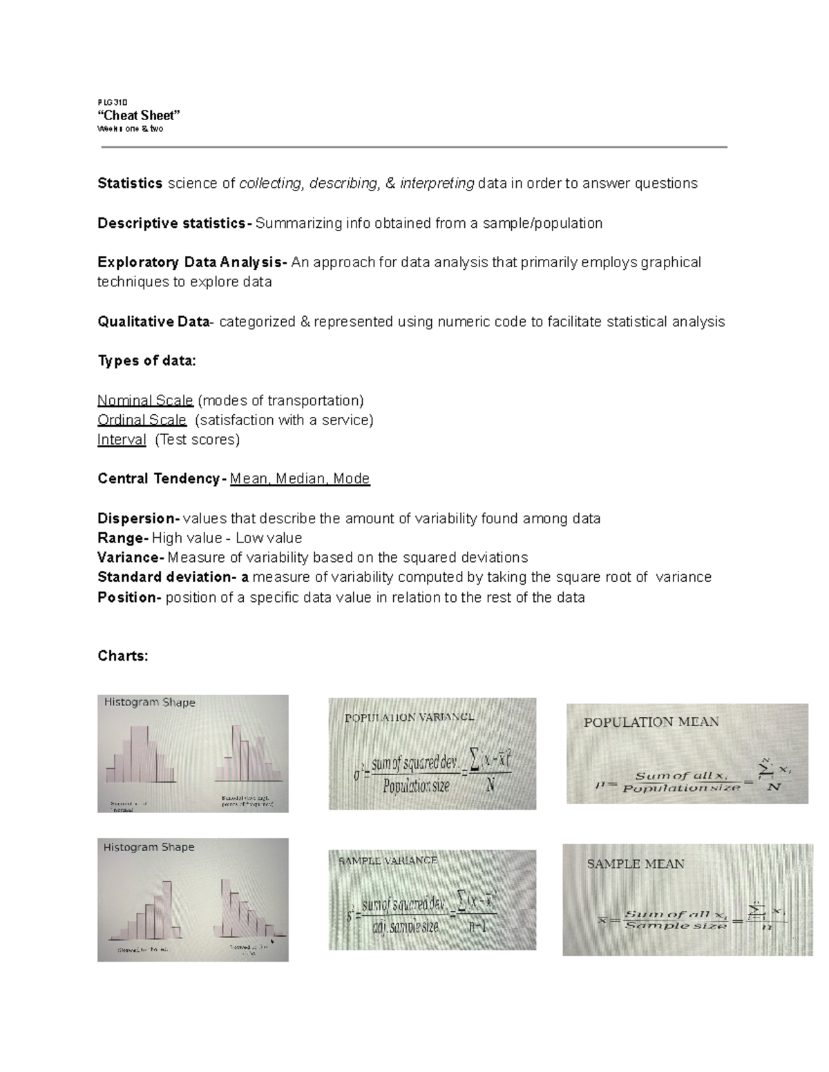 PLG310 Cheat sheet - PLG “Cheat Sheet” Weeks one & two Statistics science of collecting, - Studocu