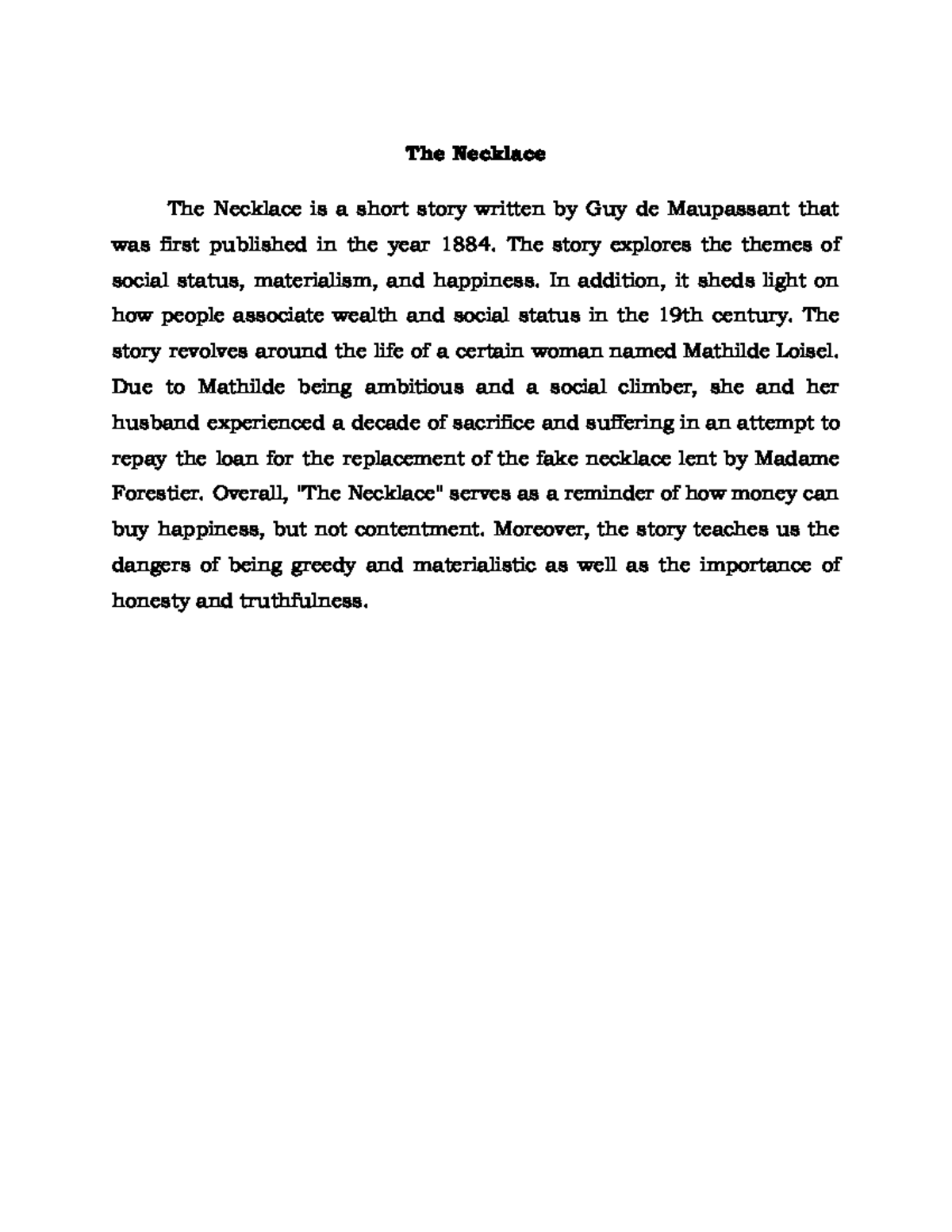 The Necklace by Guy De Maupassant Generalization - The Necklace The ...