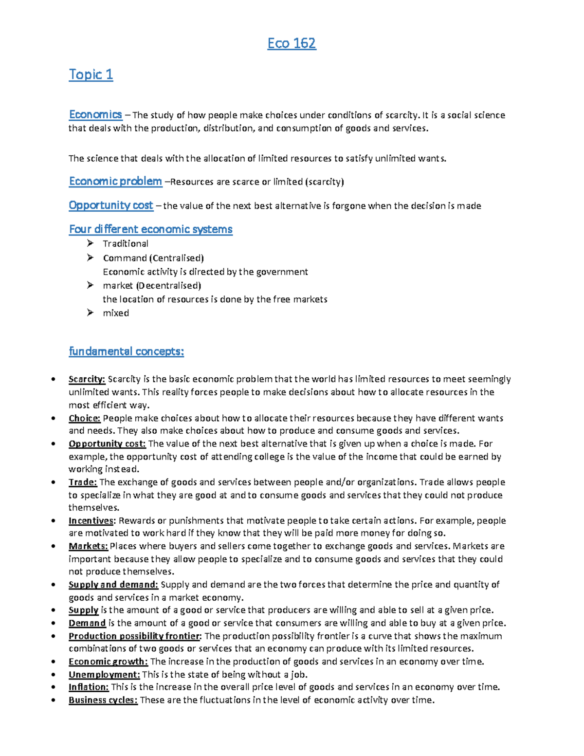 Exam Notes - Summary - Eco 162 Topic 1 Economics – The study of how ...