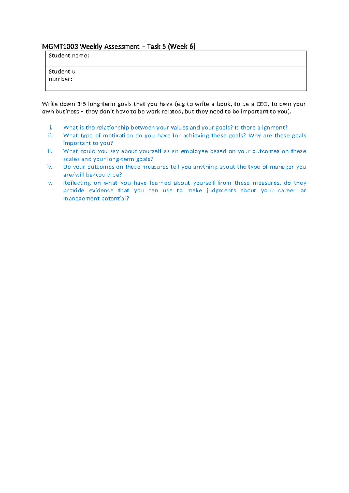 MGMT1003 Weekly Assessment 5 - Week 6 - MGMT1003 Weekly Assessment ...
