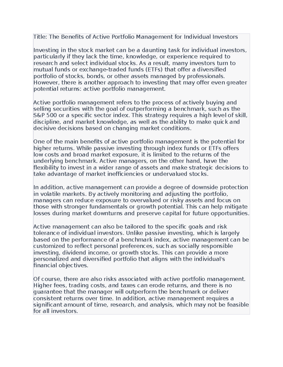 The Benefits of Active Portfolio Management for Individual Investors ...