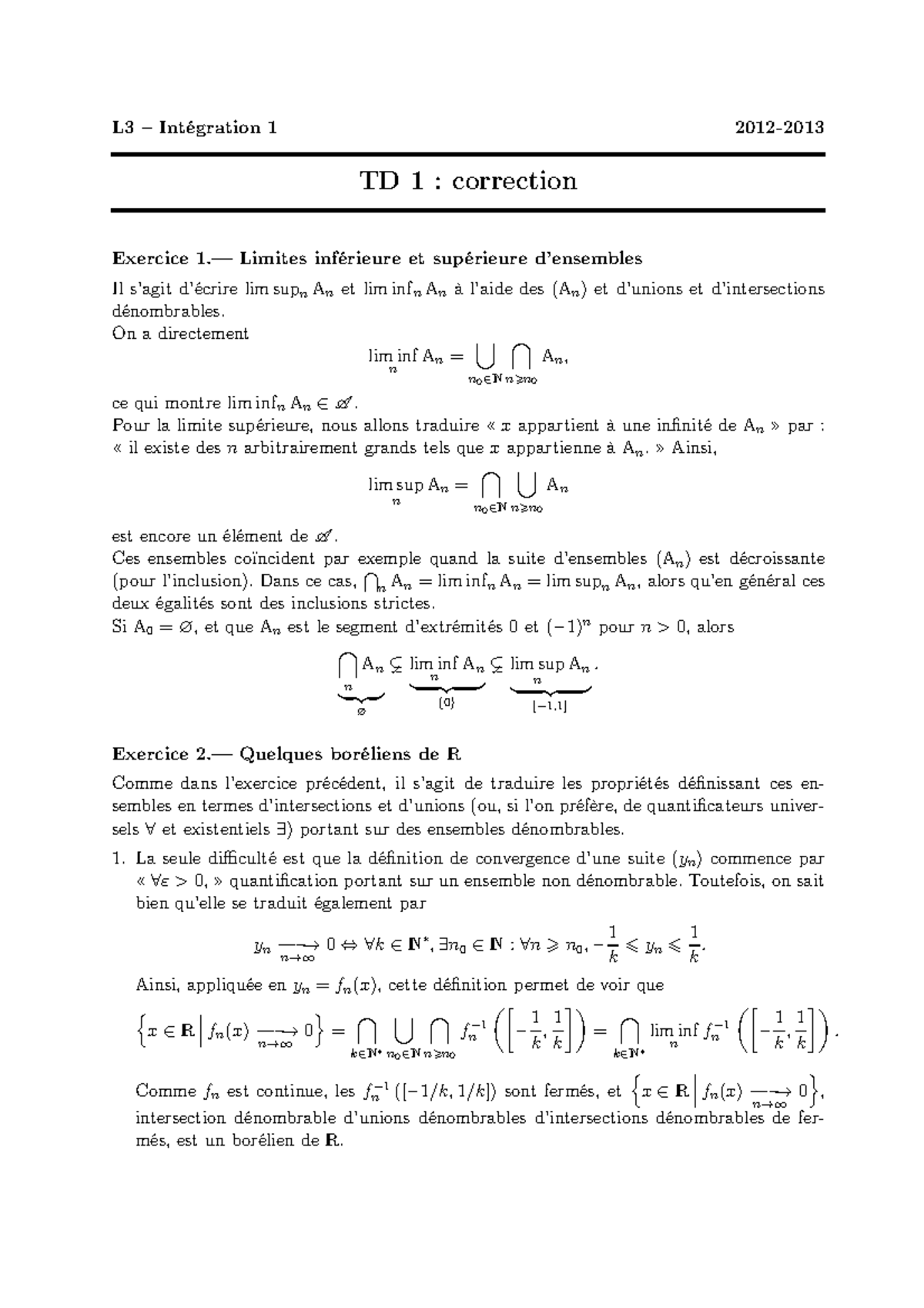 Td01 - L3 – Intégration 1 2012- TD 1 : correction Exercice 1.— Limites ...