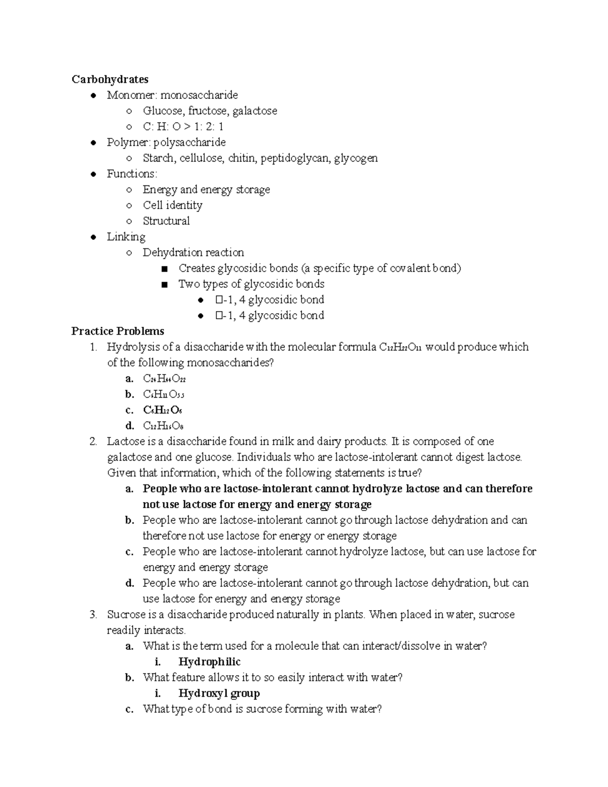 Carbohydrates Lecture - Carbohydrates Monomer: monosaccharide Glucose ...