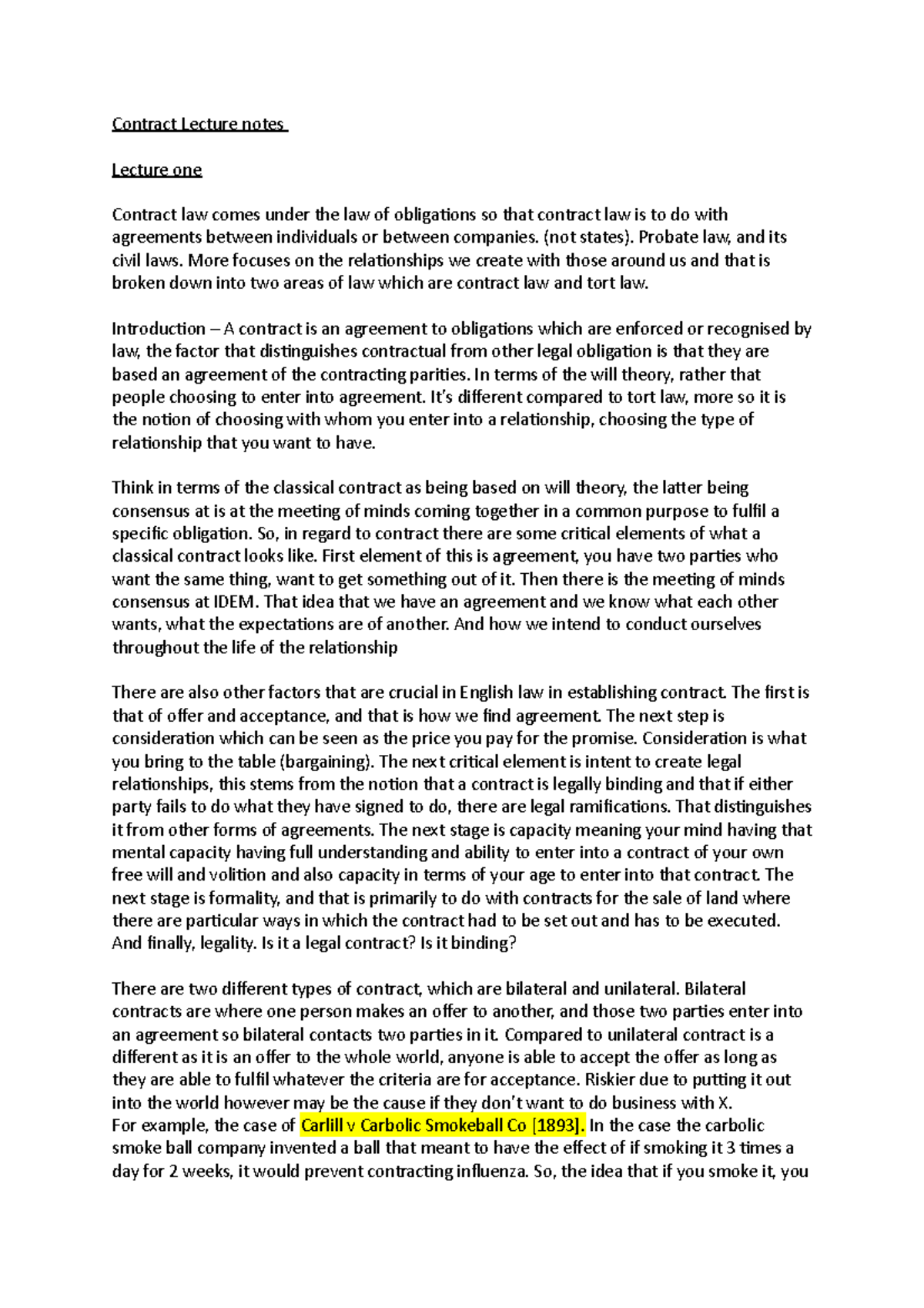 Contract Lecture intro notes - Contract Lecture notes Lecture one ...