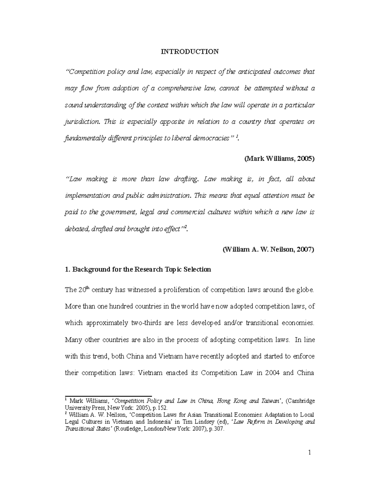 Background for the Research Topic Selection - 1 INTRODUCTION “Competition policy and law ...