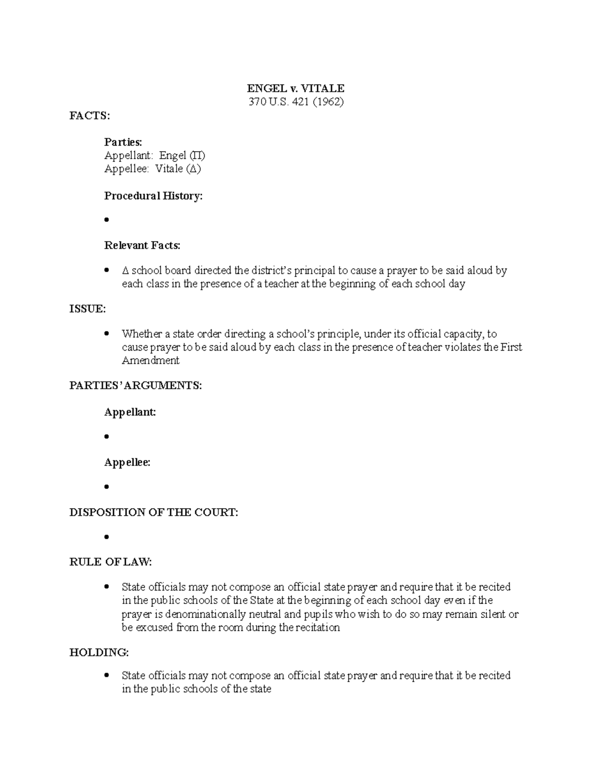 Engel v. Vitale - Lecture notes 12 - ENGEL v. VITALE 370 U. 421 (1962 ...