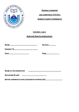 Lab 1 Acid Base classification - GENERAL CHEMISTRY LAB COMPONENT ...