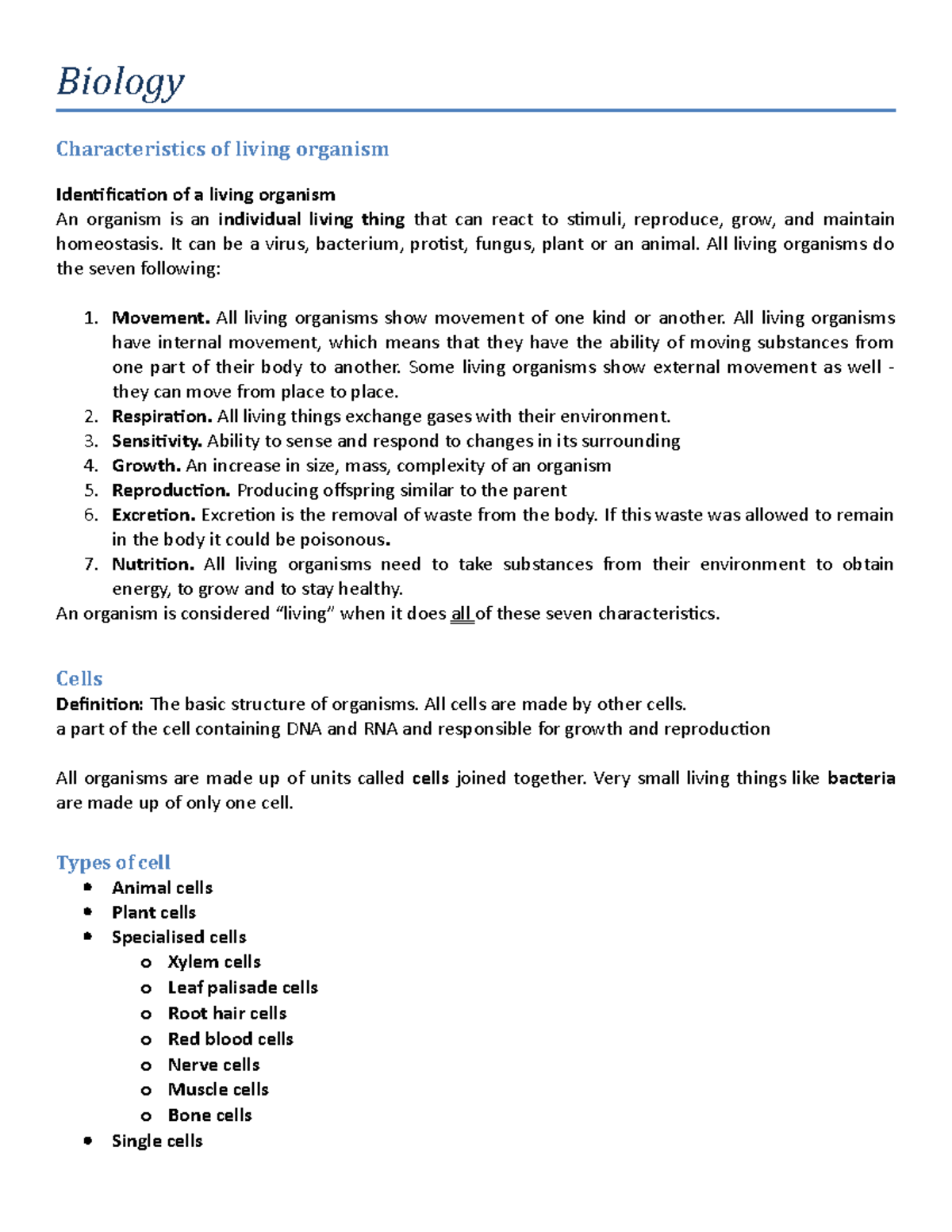 155197088 Igcse Biology Notes - Biology Characteristics of living ...