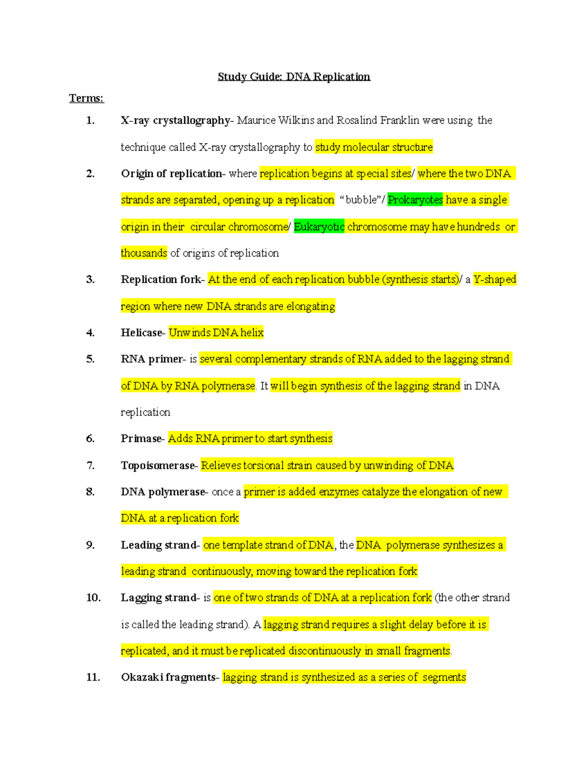 Study Guide DNA Replication - Maurice Wilkins and Rosalind Franklin ...