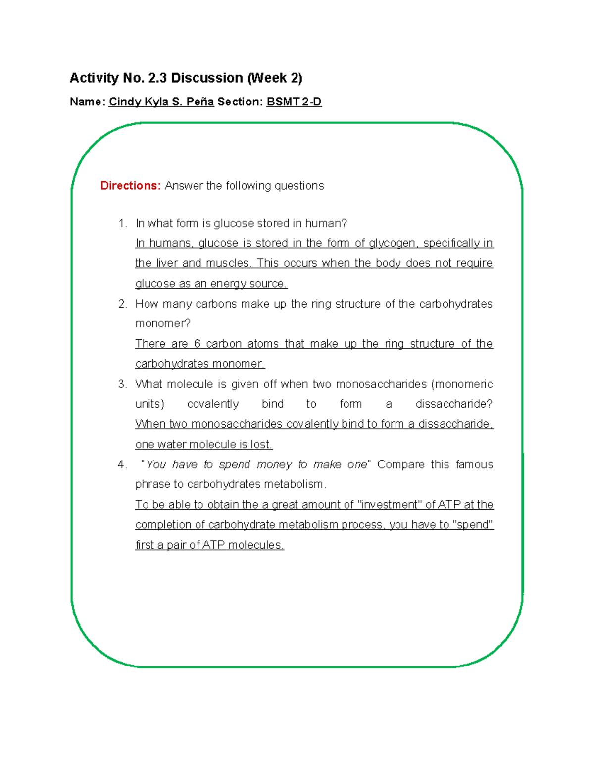 Activity No. 2.3 Discussion - Activity No. 2 Discussion (Week 2) Name: Cindy Kyla S. Peña ...