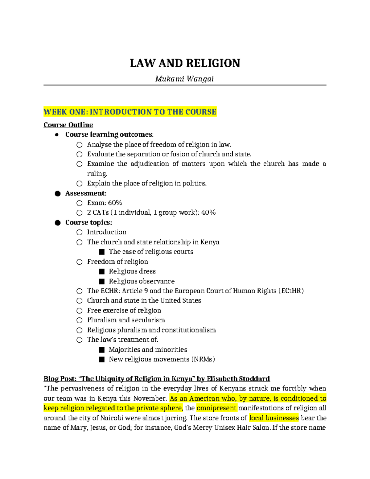 LAW AND Religion (class notes) - LAW AND RELIGION Mukami Wangai WEEK ...
