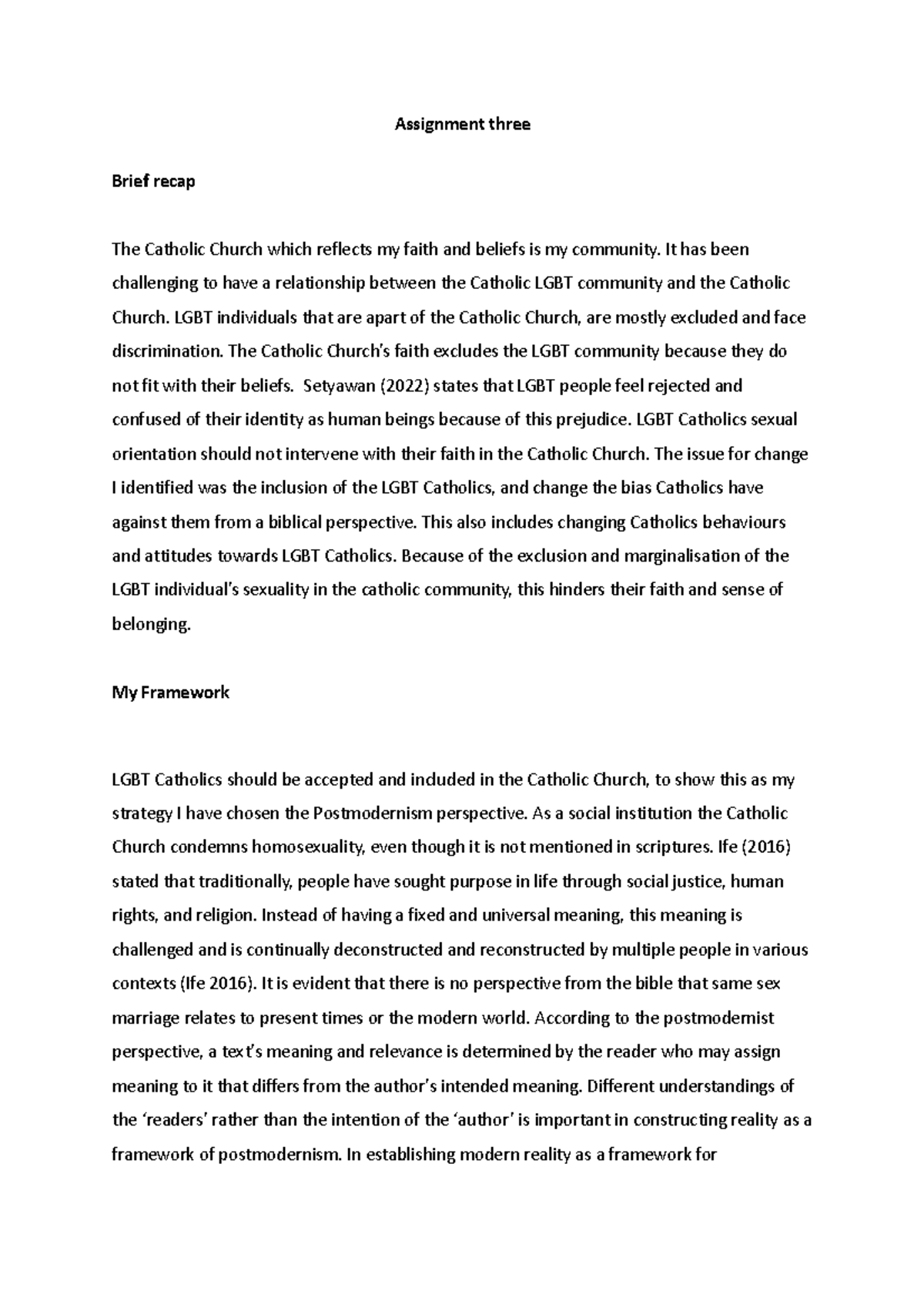 A 3 - Assignment - Assignment three Brief recap The Catholic Church ...