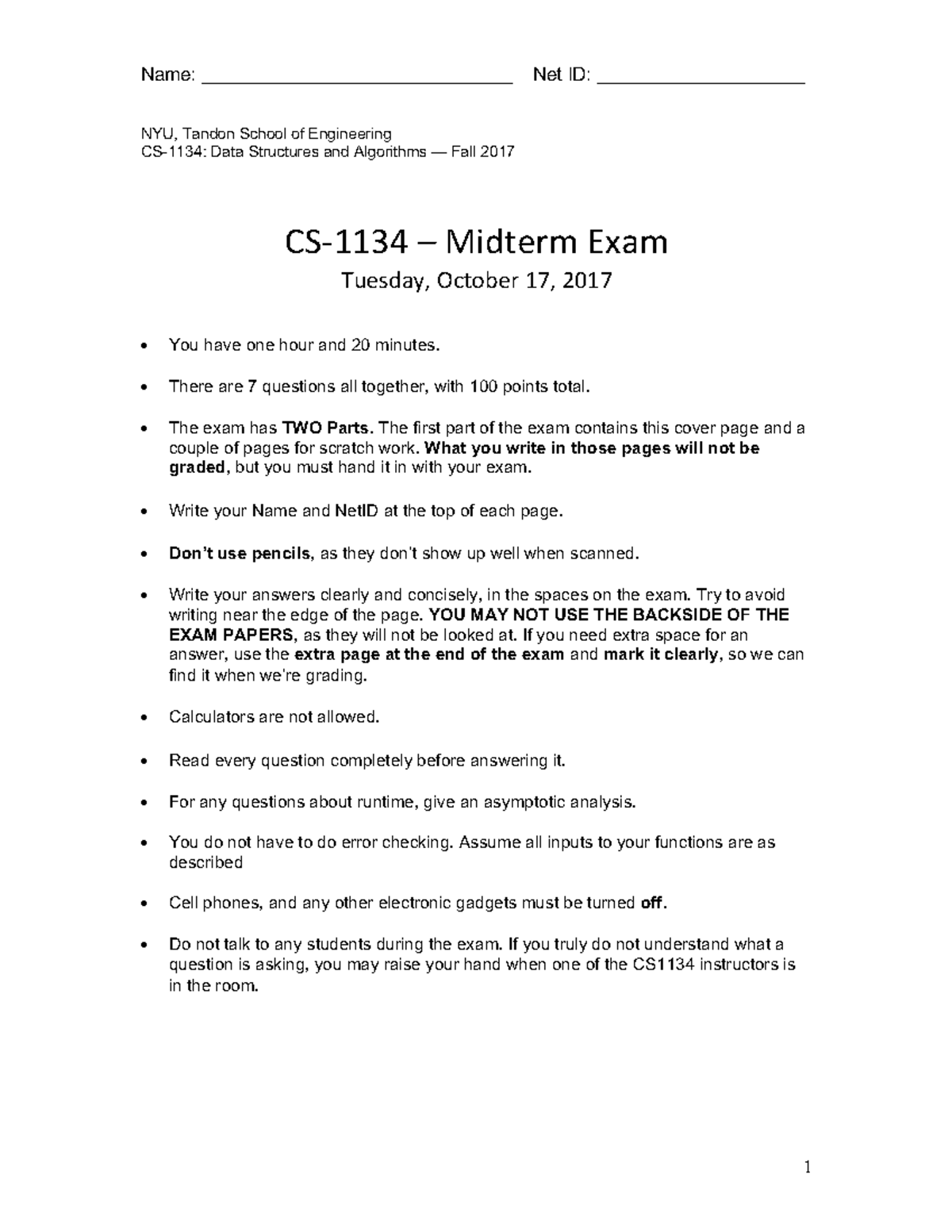 1. midterm 1 - sample - NYU, Tandon School of Engineering CS- 1134 ...