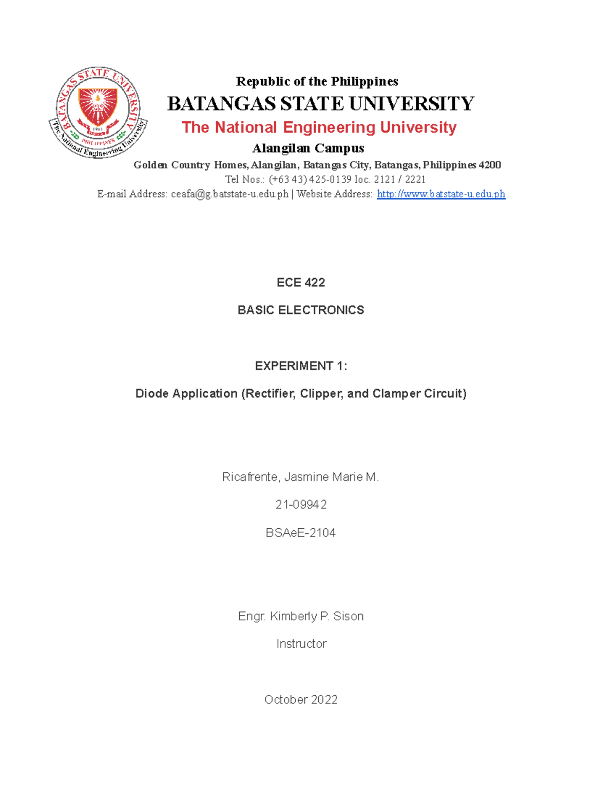 Ricafrente Laboratory Activity 1 - Republic of the Philippines BATANGAS ...