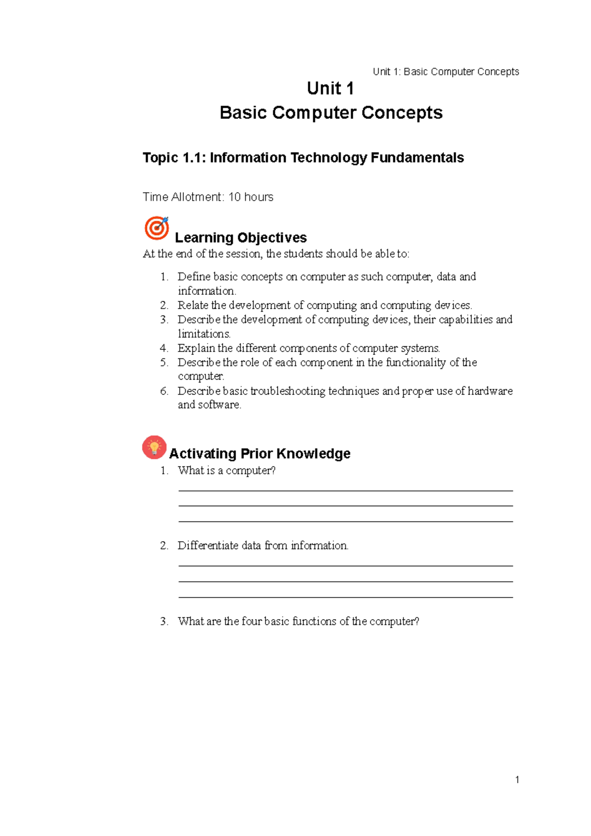 Inbound 5304776124501043339 - Unit 1 Basic Computer Concepts Topic 1: Information Technology ...