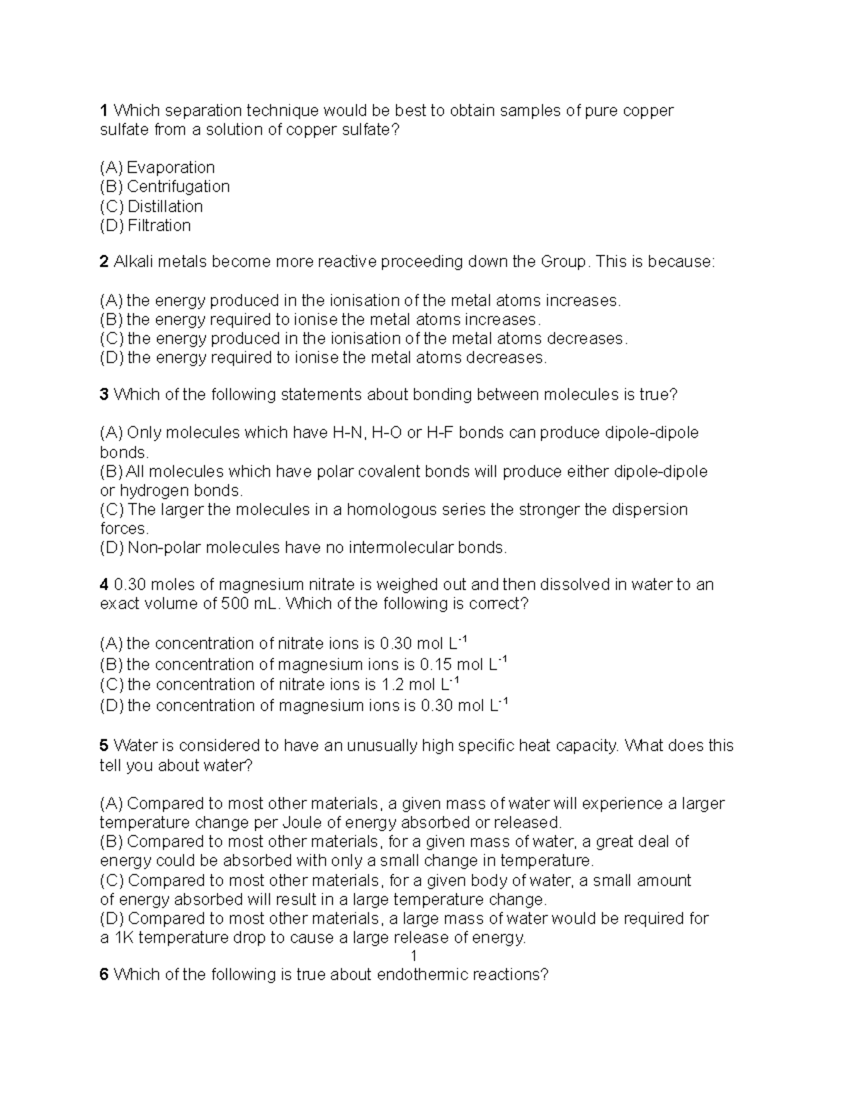 Past Paper Questions MC - 1 Which separation technique would be best to ...