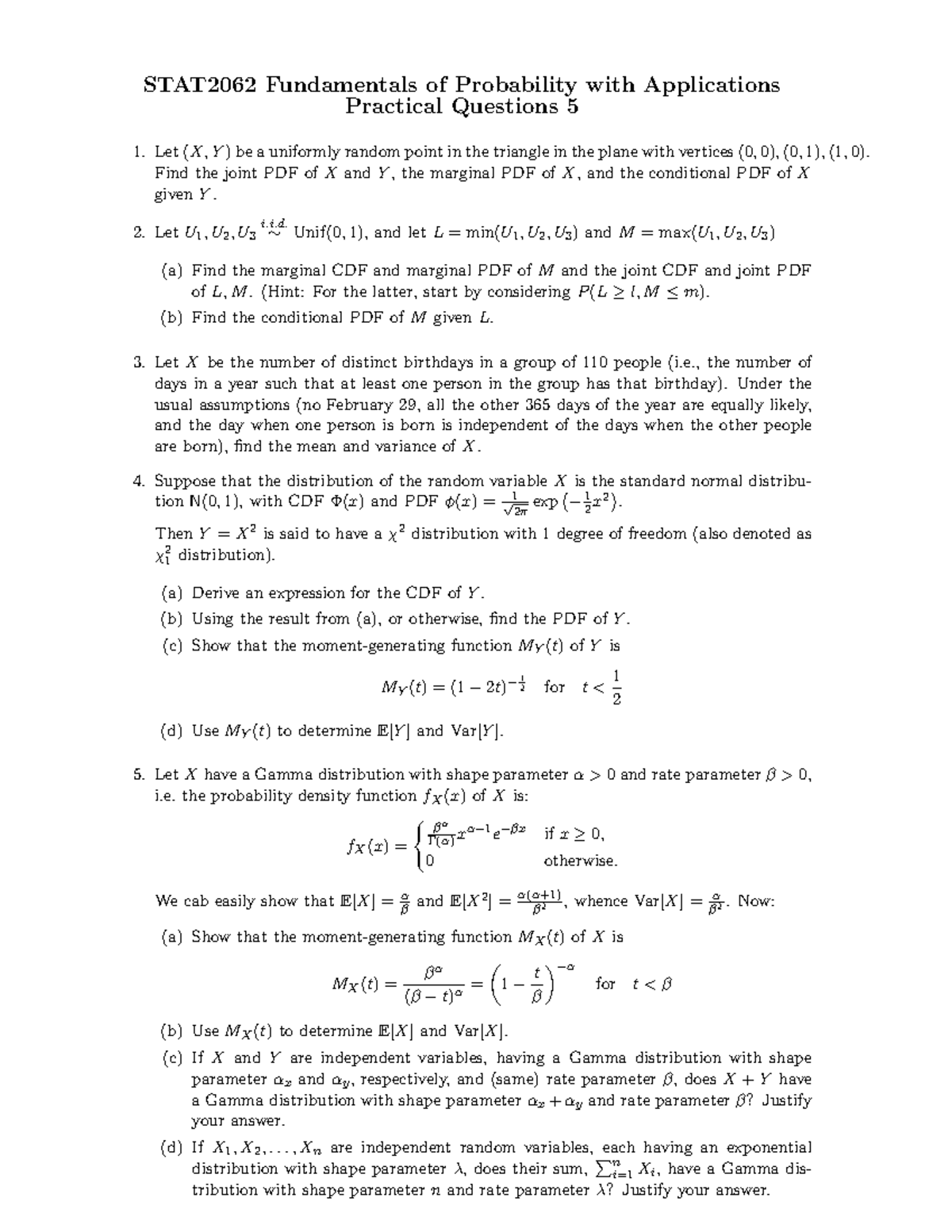 2022 Tutorial 5 - STAT2062 Fundamentals of Probability with Applications Practical Questions 5 ...