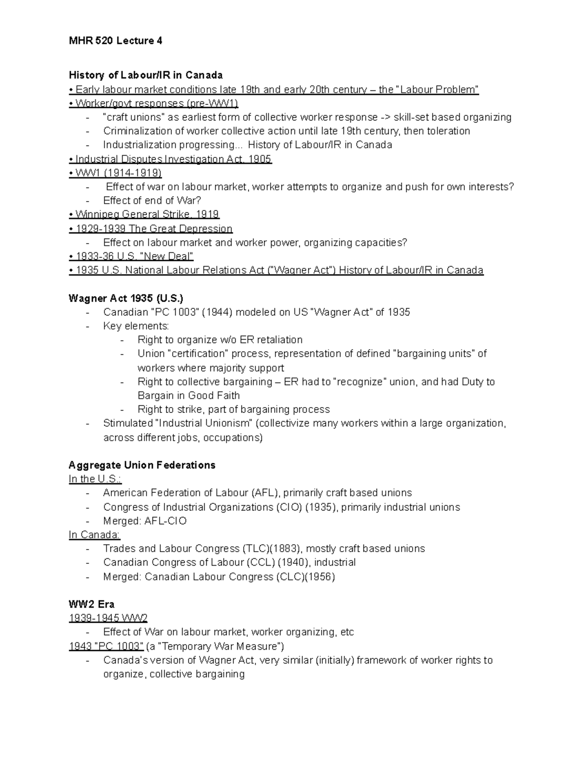 MHR 520 Lecture 4 - History of Labour/IR in Canada Early labour market ...